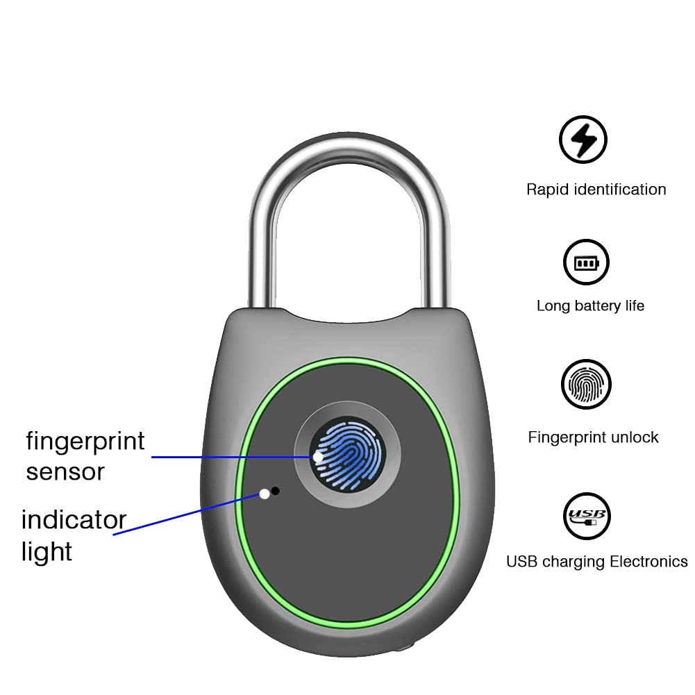 Fingerprint Padlock Keyless Smart Touch Metal Warteoof IP65 Anti-Theft Intelligent for Sports Gym School Out Door Fence Hasp Storage Backpack Suitcase Luggage Grey