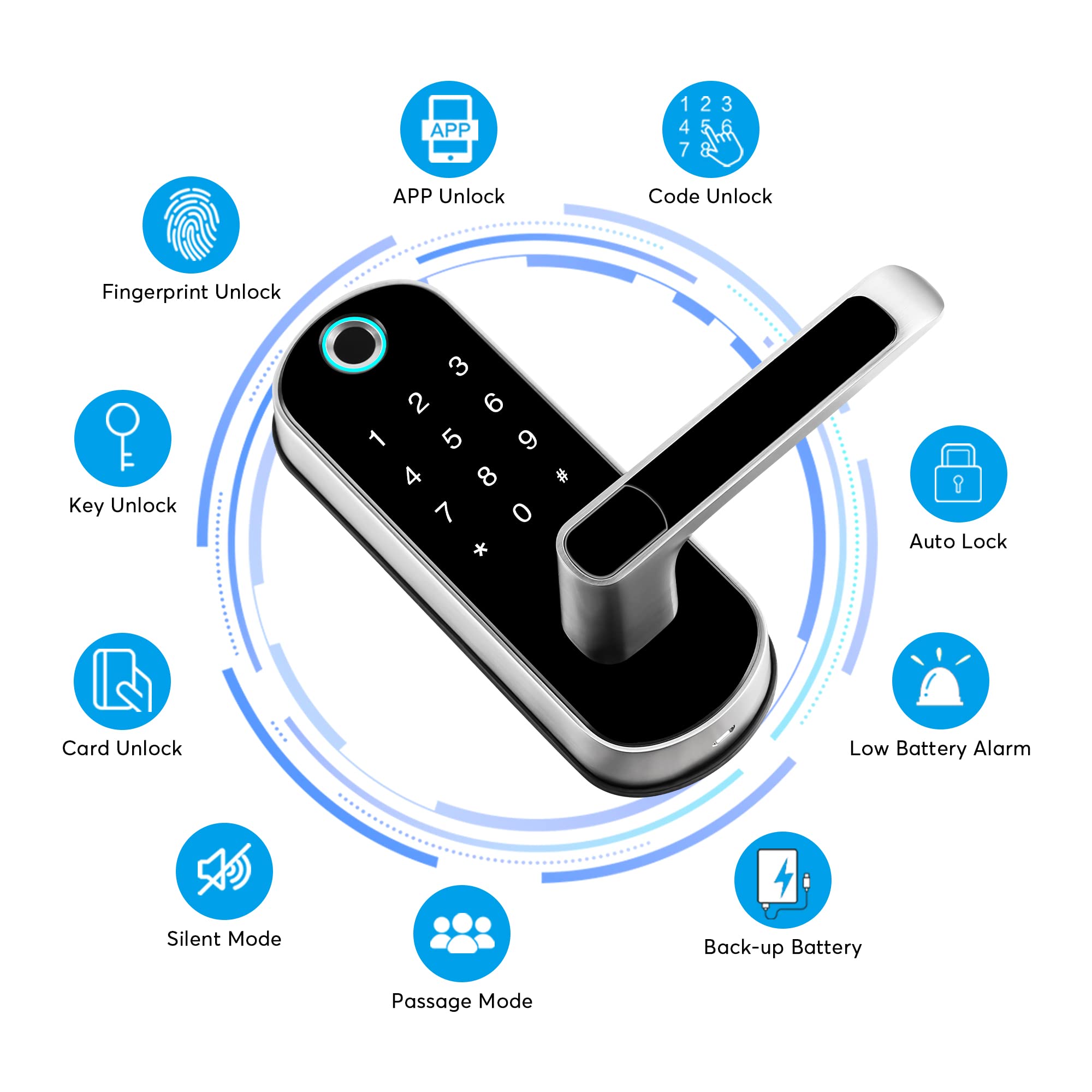 Smart Lock,TFX1 Bluetooth Enabled Fingerprint and Touchscreen Electronic Door Lock|TTLock App Unlock|Keyless Entry|Auto Lock|Fingerprint Door Lock for Home Office Apartment Hotel Garage School(Silver)