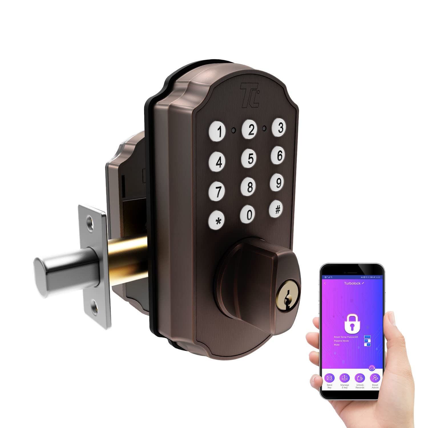 TURBOLOCK TL115 Smart Lock with Keypad and Voice Prompts | Digital Deadbolt w/ App for Unlimited eKeys | Code Disguise, Backup Keys + Micro-USB Port — Ready for Thicker Doors (IP65) (Bronze)