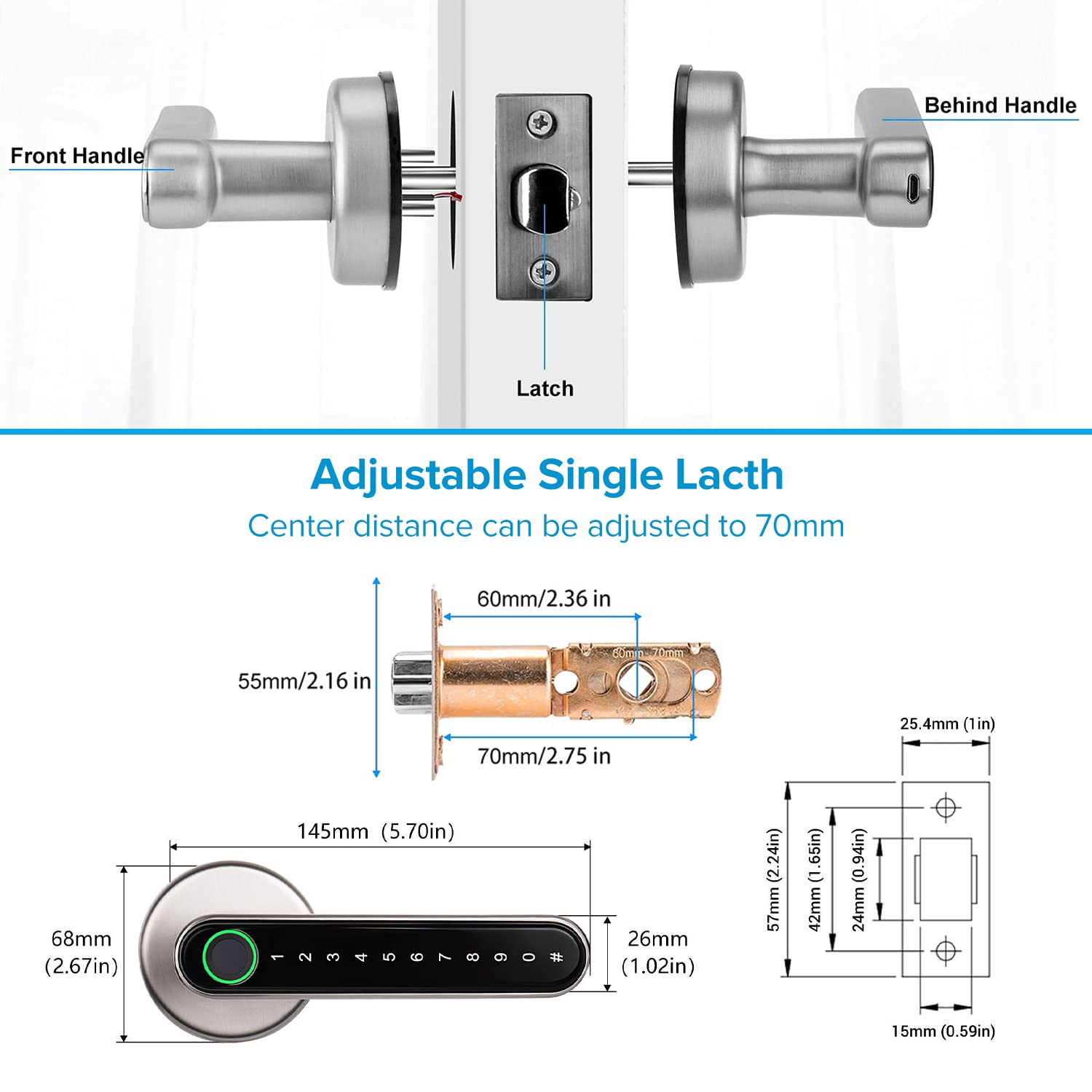 KISSTY Smart Fingerprint Door Lock, Biometric Door Lock, Keyless Entry Door Lock with Handle Fingerprint Door Knobs Door Handle with TTlock APP for Bedroom Home Office Apartment Hotel Brushed Nickel