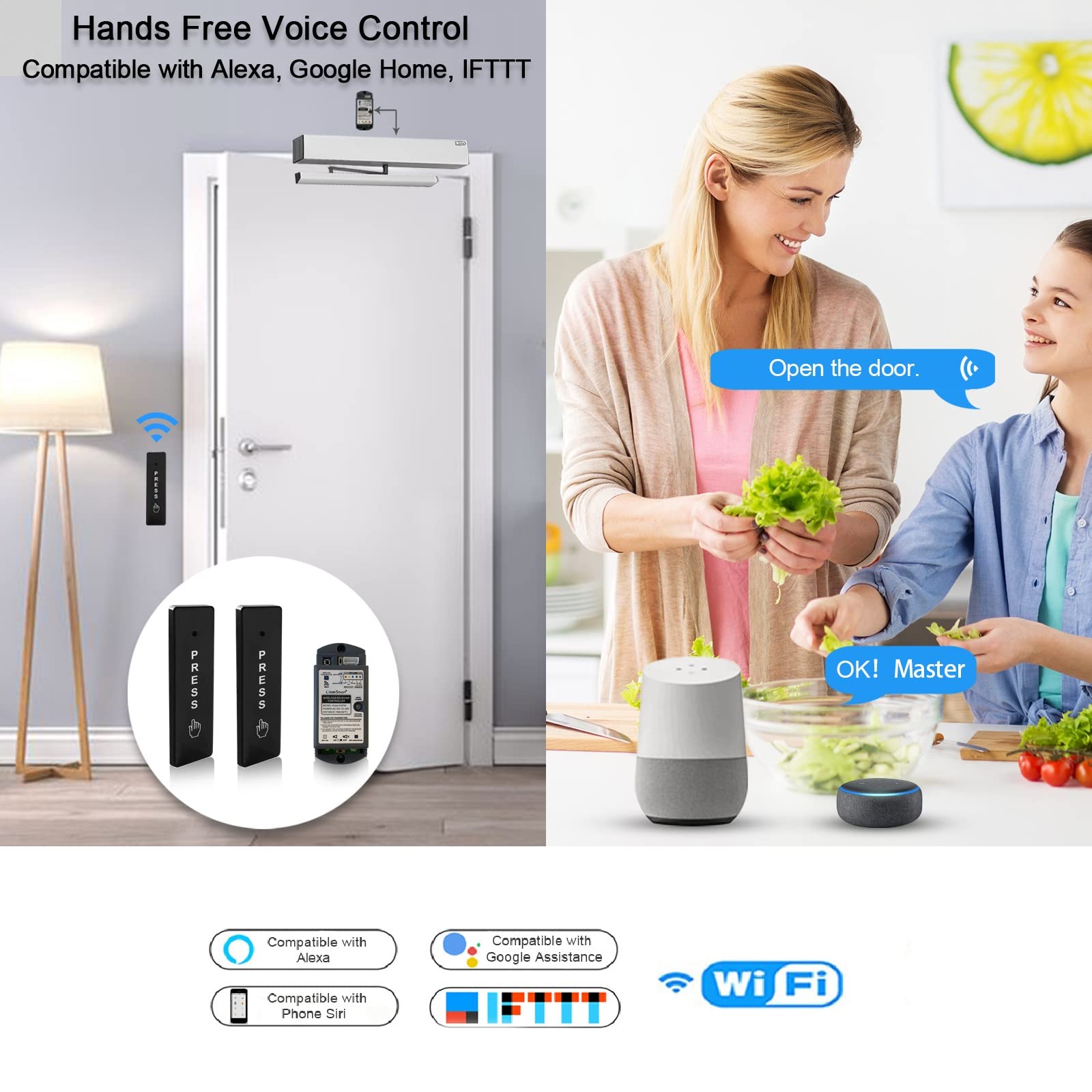 Smart WiFi APP Control Automatic Door Opener by Olideauto,WiFi Built in Receiver Olide-510FW,Compatible with Alexa,Google Assistant Voice Control Auto Door with Wireless Push Panels