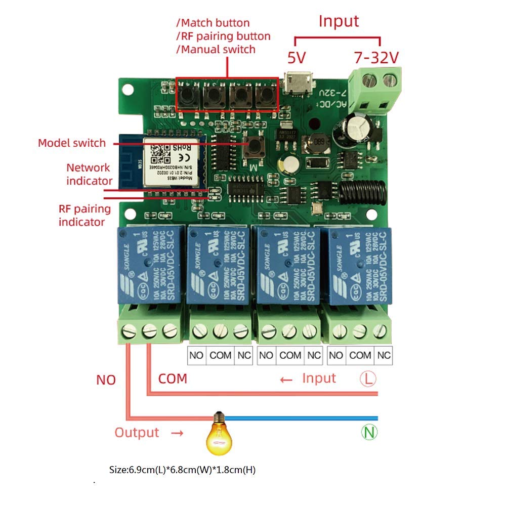 MHCOZY WiFi RF Relay Switch,Set to emulate Both pushbutton with Inching Mode and switches with Self-Locking Mode,WiFi Remote and Voice Control Garage gate Fireplace (Smart Life app, 4CH)