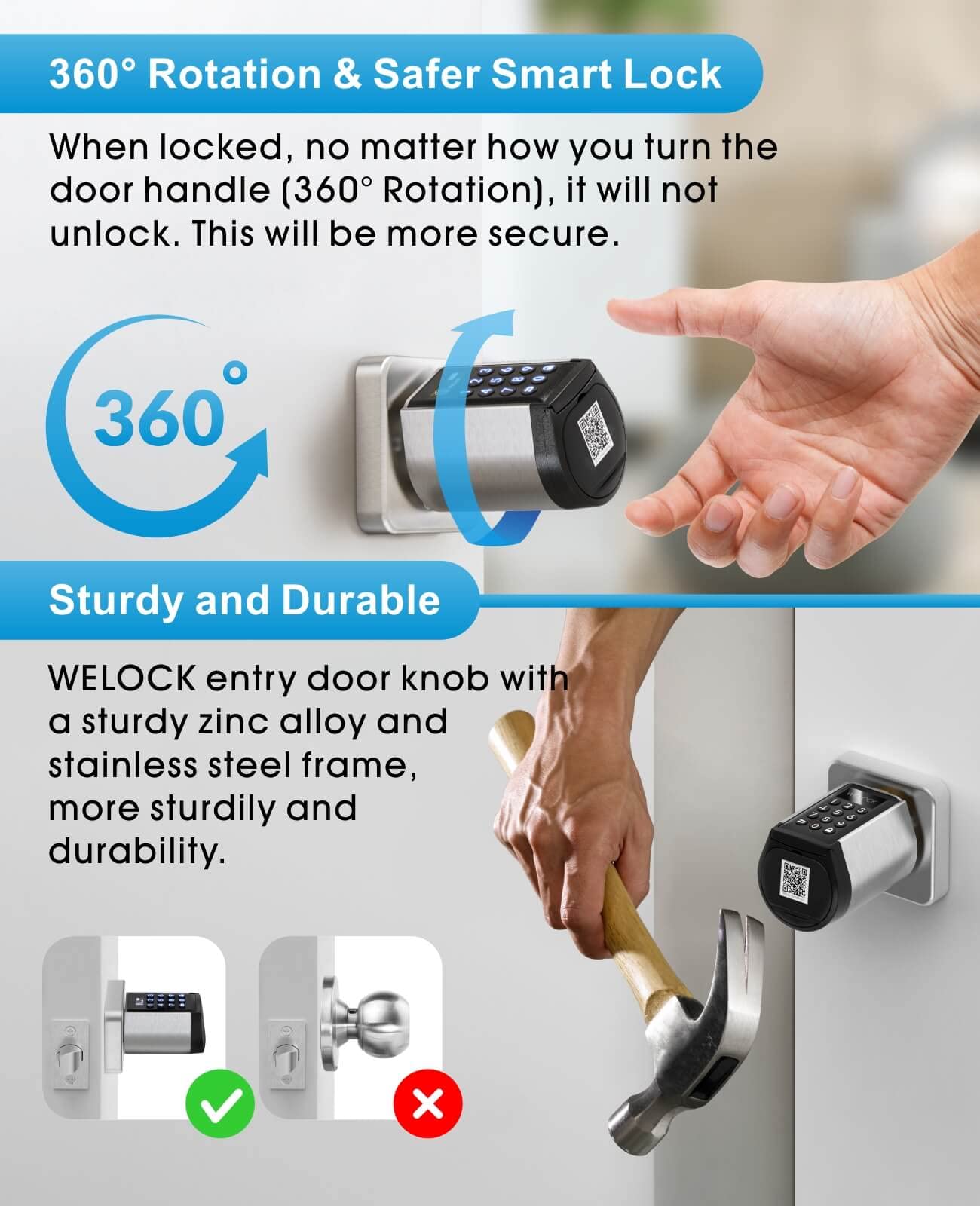 WELOCK Safer Keyless Entry Door Lock Deadbolt, Smart Bluetooth Locks Deadbolt Digital Electric Door Lock with Keypad APP Control IC Card Mechanical Key, Easy to Install