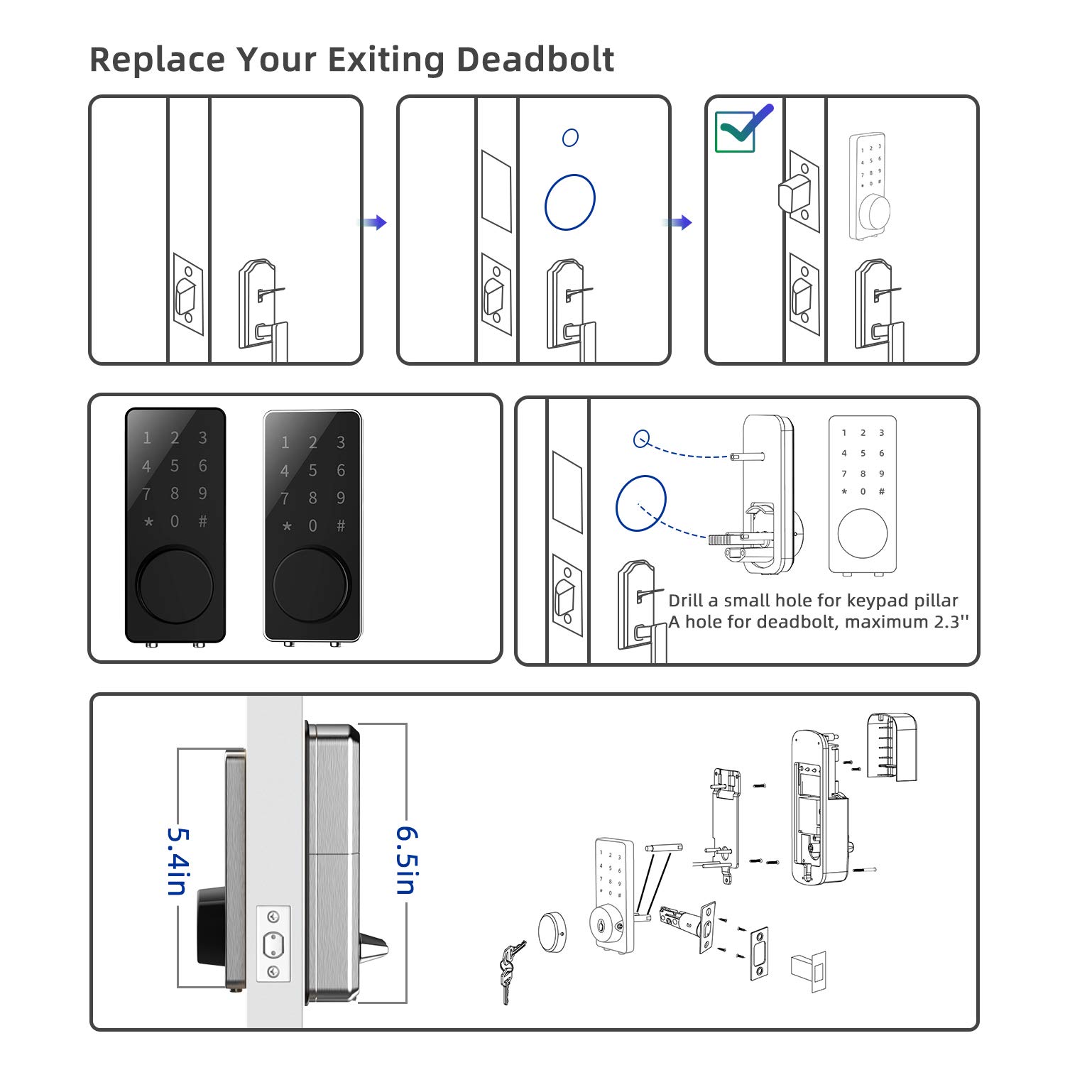 [Newest]Smart Deadbolt, NexTrend Smart Electronic Door Lock with Bluetooth Keyless, Touchscreen, Mechanical Keys Automatic Lock Alarm for Home, Hotel, Apartment, Black