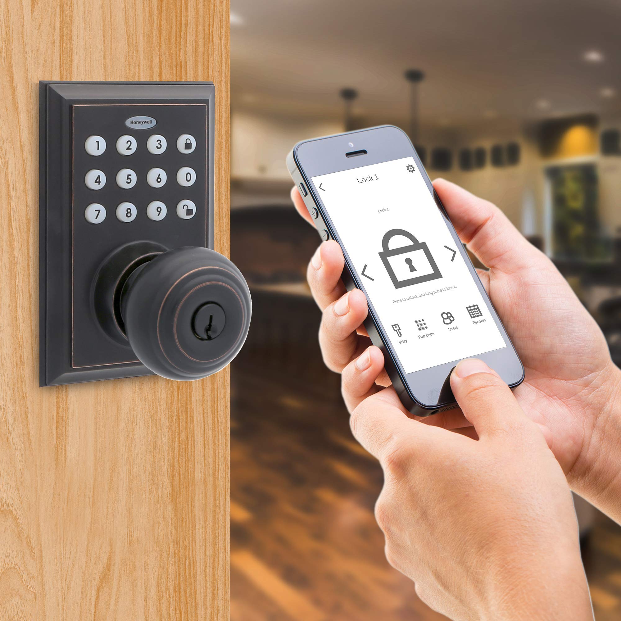 Honeywell Safes & Door Locks BLE Electronic Entry Knob with Keypad, Square Faceplate, Oil Rubbed Bronze