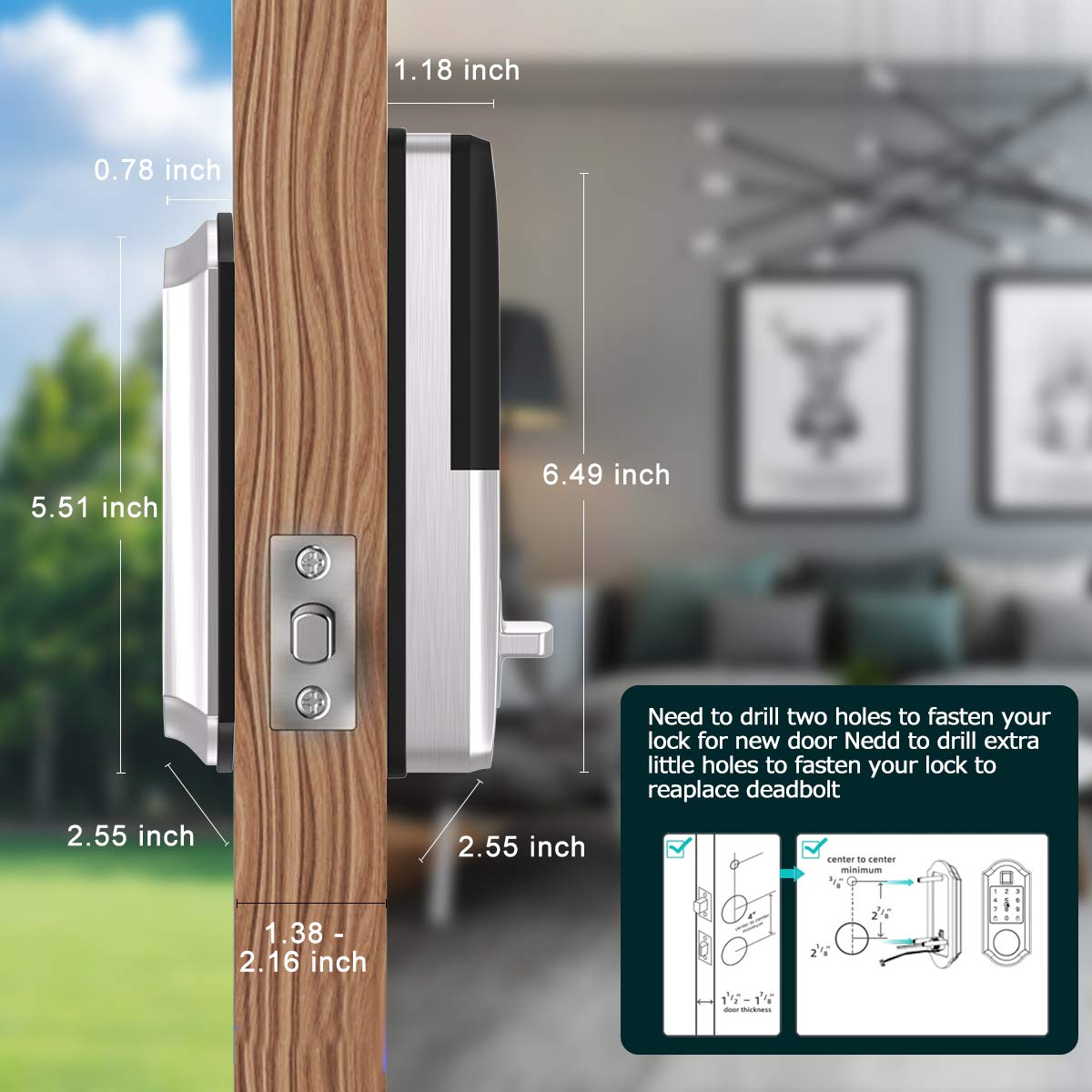 Narpult Fingerprint Smart Lock, Keyless Entry Door Lock, Electronic Deadbolt Door Lock, Bluetooth Keypad Digital Lock - App Control, Biometric, Fobs, Passcodes and Keys. - Satin Nickel