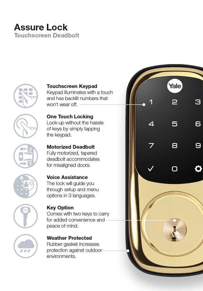 Yale Assure Lock with Z-Wave - Smart Touchscreen Deadbolt -Works with Ring Alarm, Samsung SmartThings, Wink and More (Hub required, sold separately) - Polished Brass