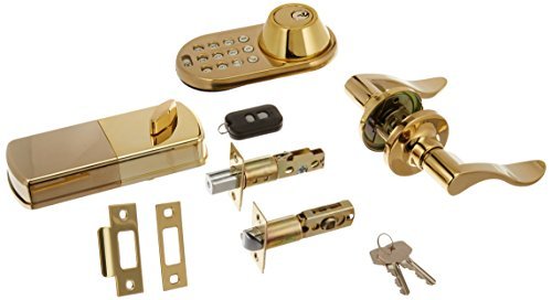MiLocks XFL-02P Digital Deadbolt Door Lock and Passage Lever Handle Combo with Keyless Entry via Remote Control and Keypad Code for Exterior Doors, Polished Brass