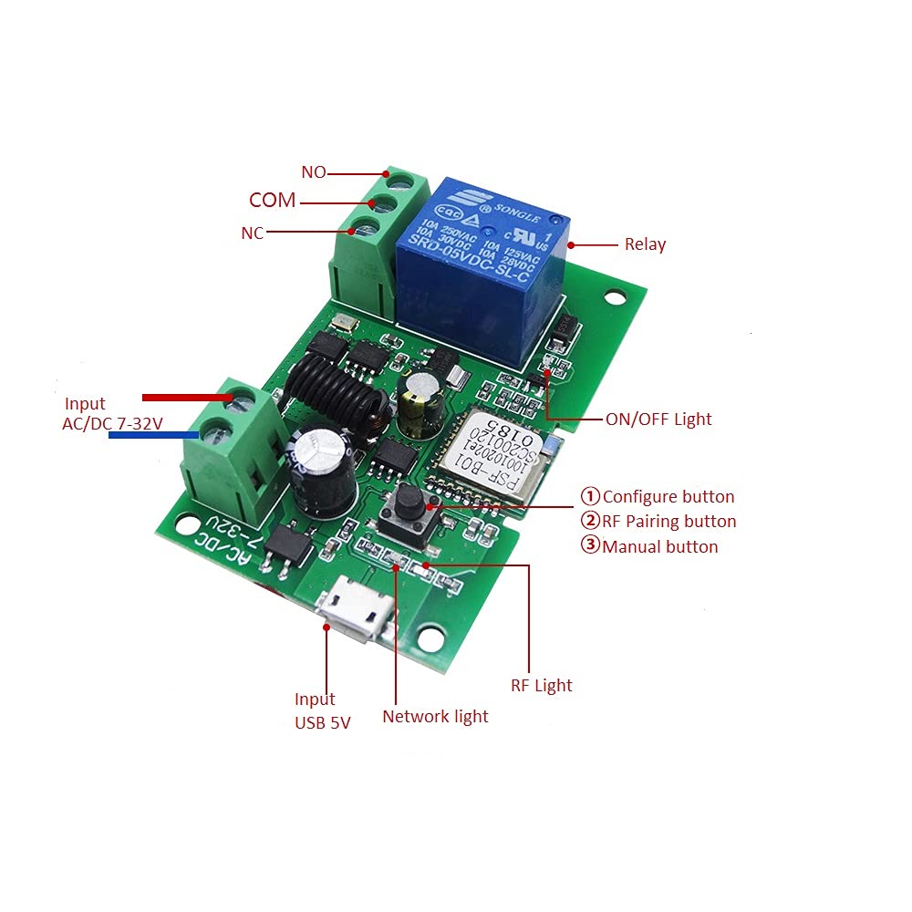 MHCOZY Updated WiFi Wireless Smart Switch Inching Self-Locking Relay Module,Set Inching Time from 0.5 Second to 1 Hour,be Applied to Access Control,DIY WiFi Garage Door Opener (1CH WiFi RF)