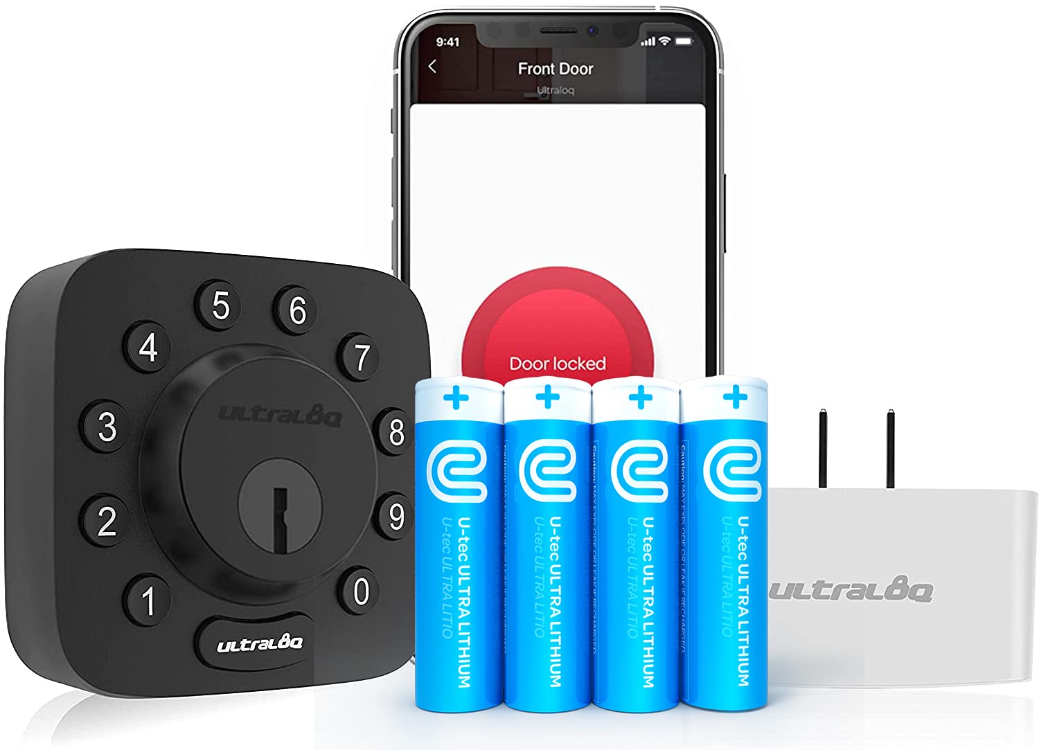 ULTRALOQ U-Bolt Smart Door Lock Black with Bridge WiFi Adaptor and AA Ultra Lithium Battery (Pack of 8), 5-in-1 Keyless Entry Door Lock with WiFi, Bluetooth and Keypad