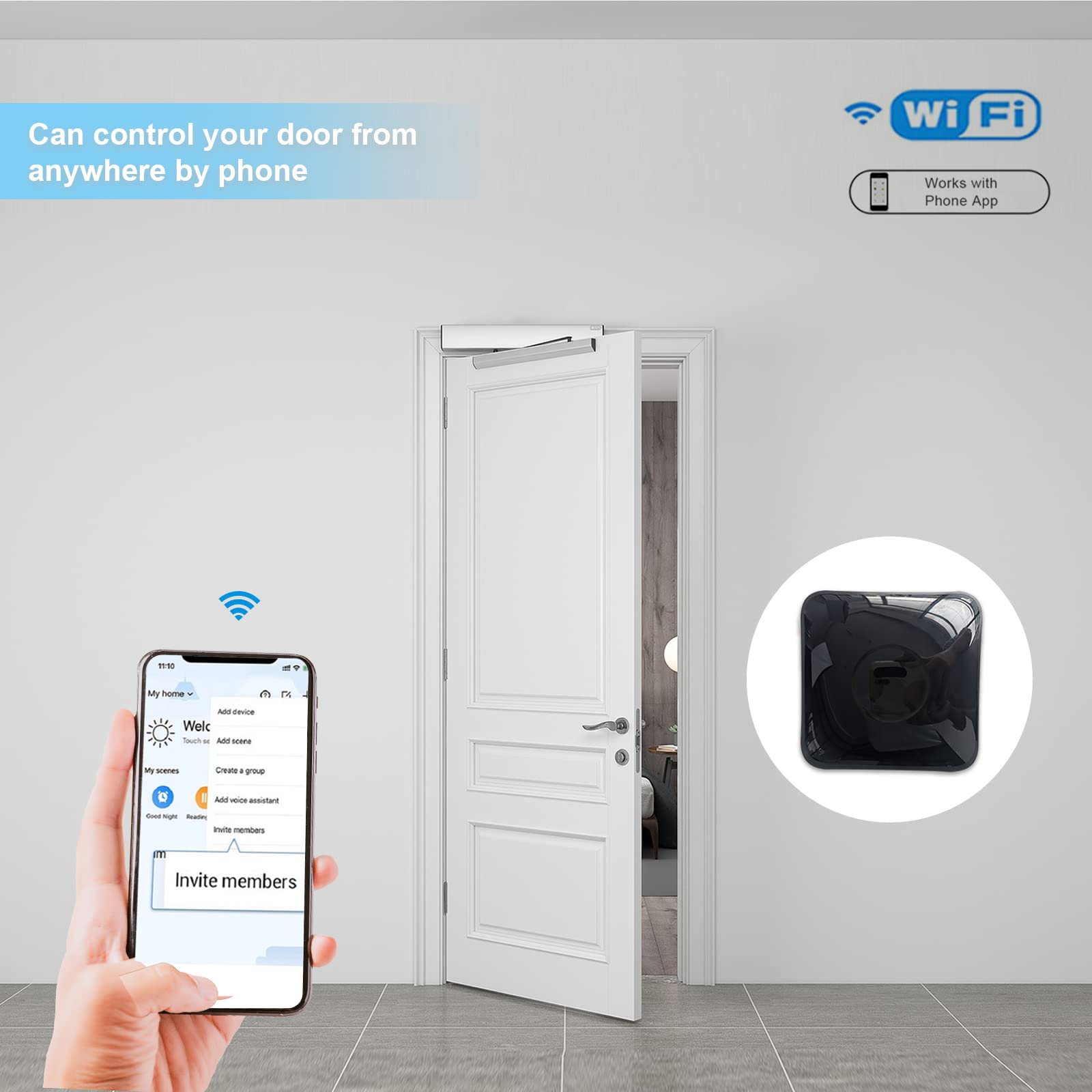Olideauto Automatically Door Closer with Wireless Remote Control,WiFi Access Control Automatic Door Opening System,Compatible with Alexa,Google Home,Smartphone App