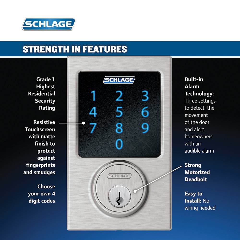 Schlage Z-Wave Connect Century Touchscreen Deadbolt with Built-In Alarm, Satin Chrome, BE469 CEN 626, Works with Alexa via SmartThings, Wink or Iris