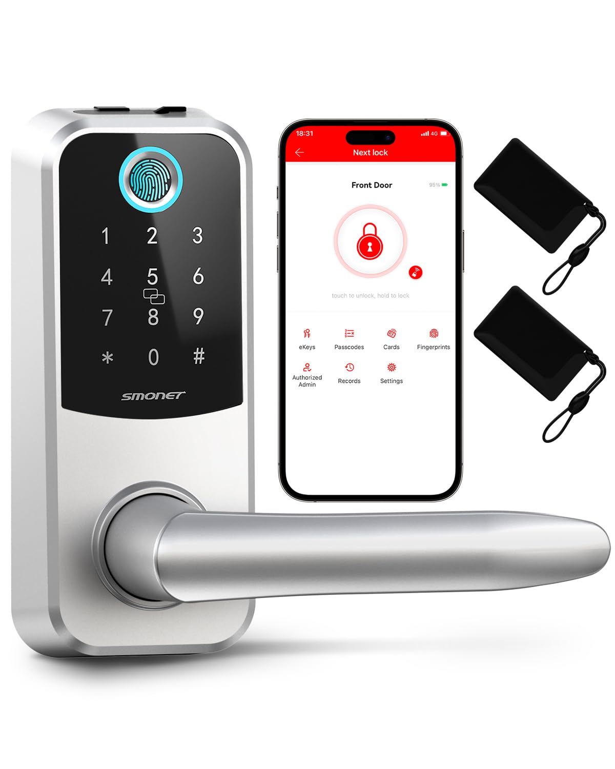 Smart Lock, SMONET Deadbolt Lock with Keypad, Keyless Entry Biometric Fingerprint Front Door Locks, Bluetooth Electronic Digital Lock with Reversible Handle, App Control, IC Card for Home, Apartment