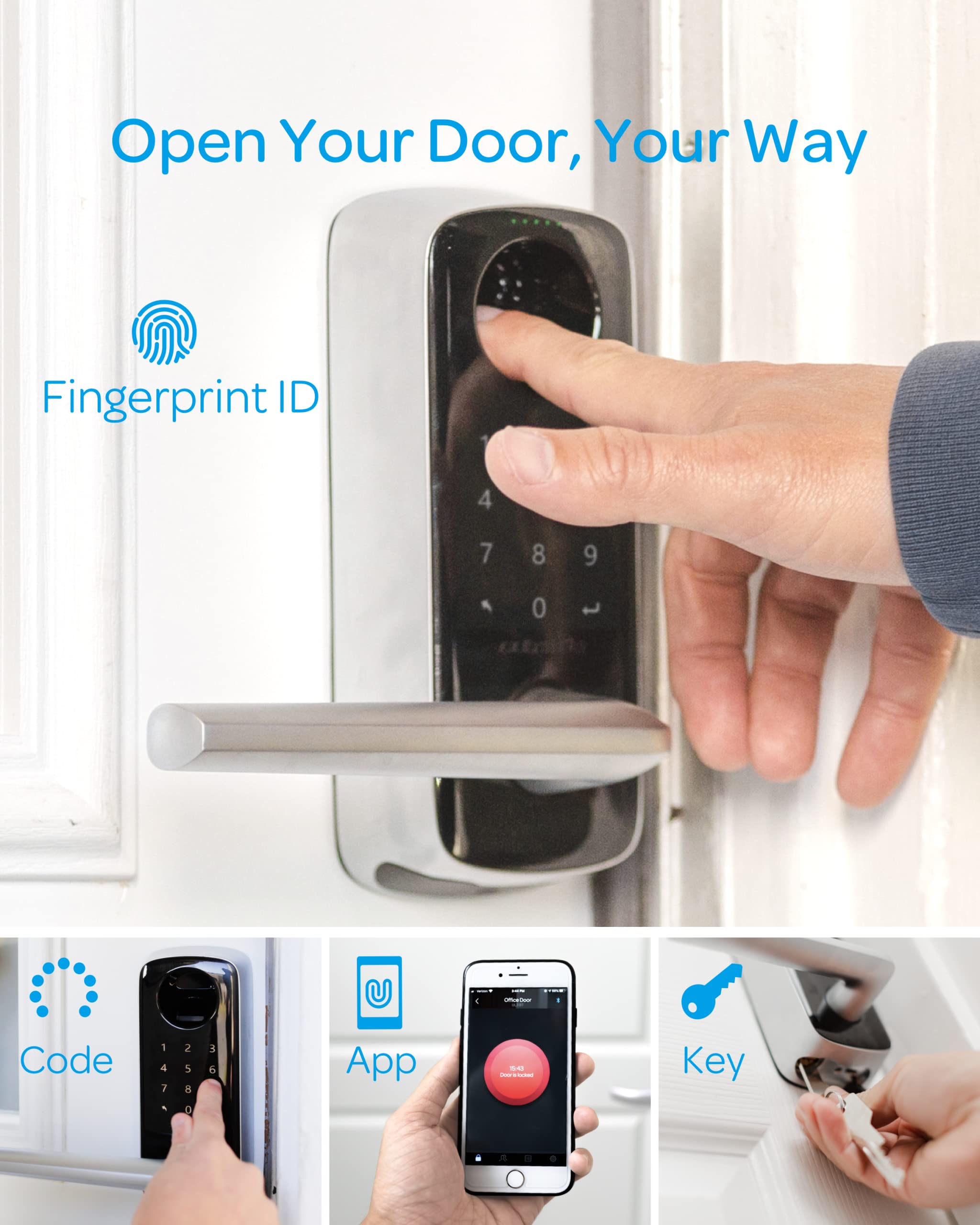ULTRALOQ Lever, WiFi Smart Lock with Bridge, Heavy Duty 5-in-1 Keyless Entry Door Locks, Fingerprint Lock with Keypads and Voice Guide, Smart Door Lock for Front Door, Home and Office