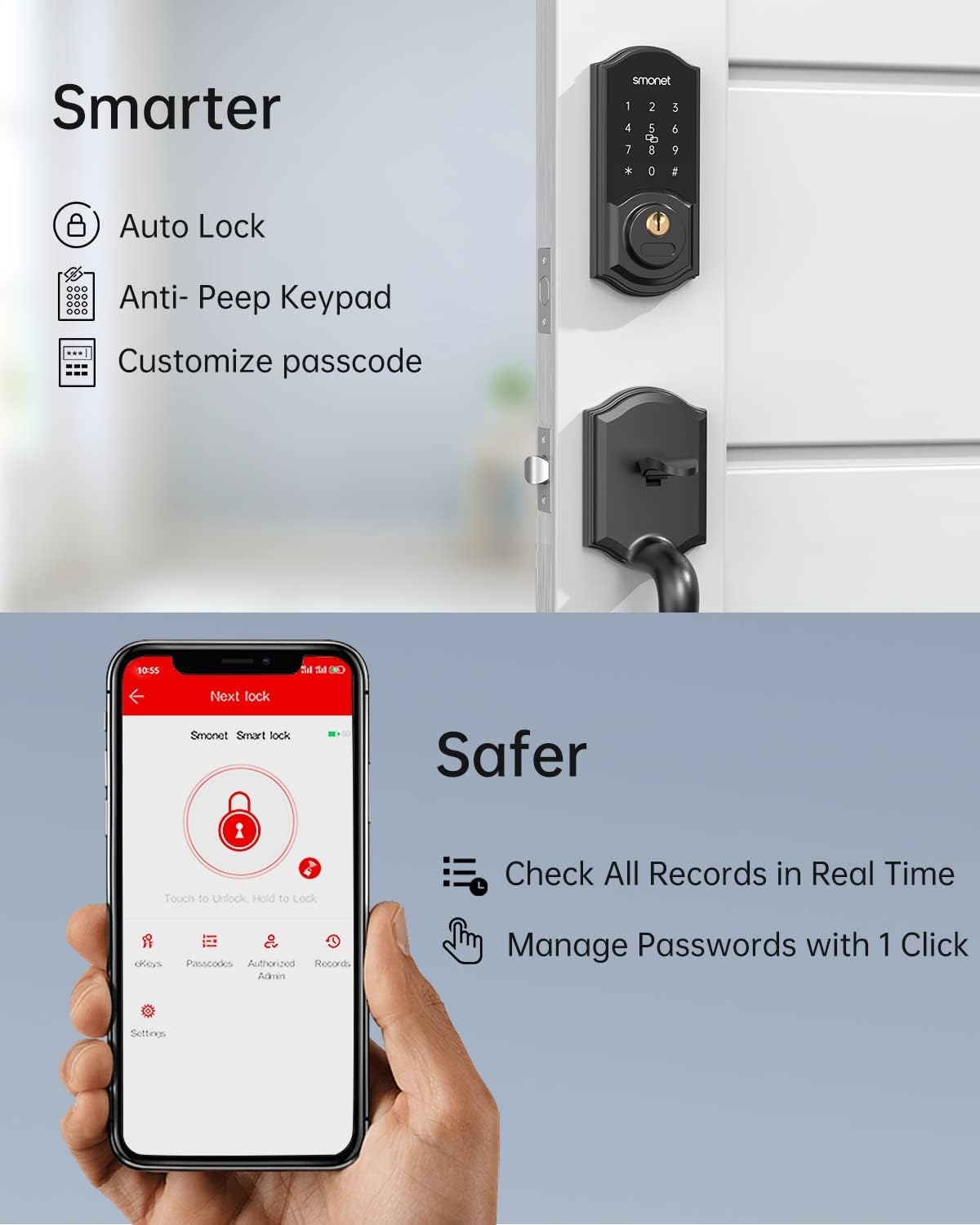 Smart Deadbolt, SMONET Keyless Entry Door Lock with Digital Keypad, Electronic Smart Locks for Front Door Bluetooth Touchscreen Lock Security, Remote Lock with Alexa and Gateway for Residential Home