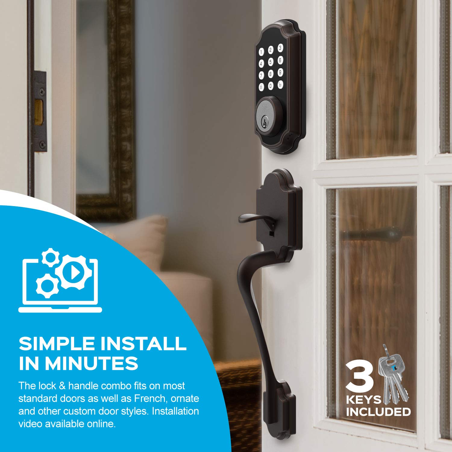 TURBOLOCK Digital Door Lock with Keypad, Front Door Handle Set with Digital Deadbolt & Door Handle, Fits Thicker Doors up to 2β β 3 Physical Keys, IP65, Easy Installation (TL116 + TL121) (Bronze)