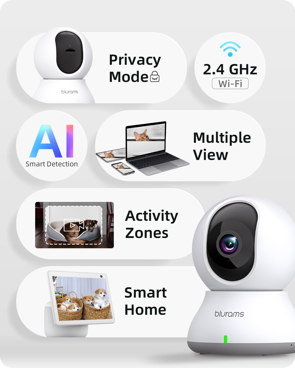blurams Security Camera, 2K Indoor Camera 360-degree Pet Camera for Home Security w/ Motion Tracking, Phone App, 2-Way Audio, IR Night Vision, Siren, Works with Alexa & Google Assistant