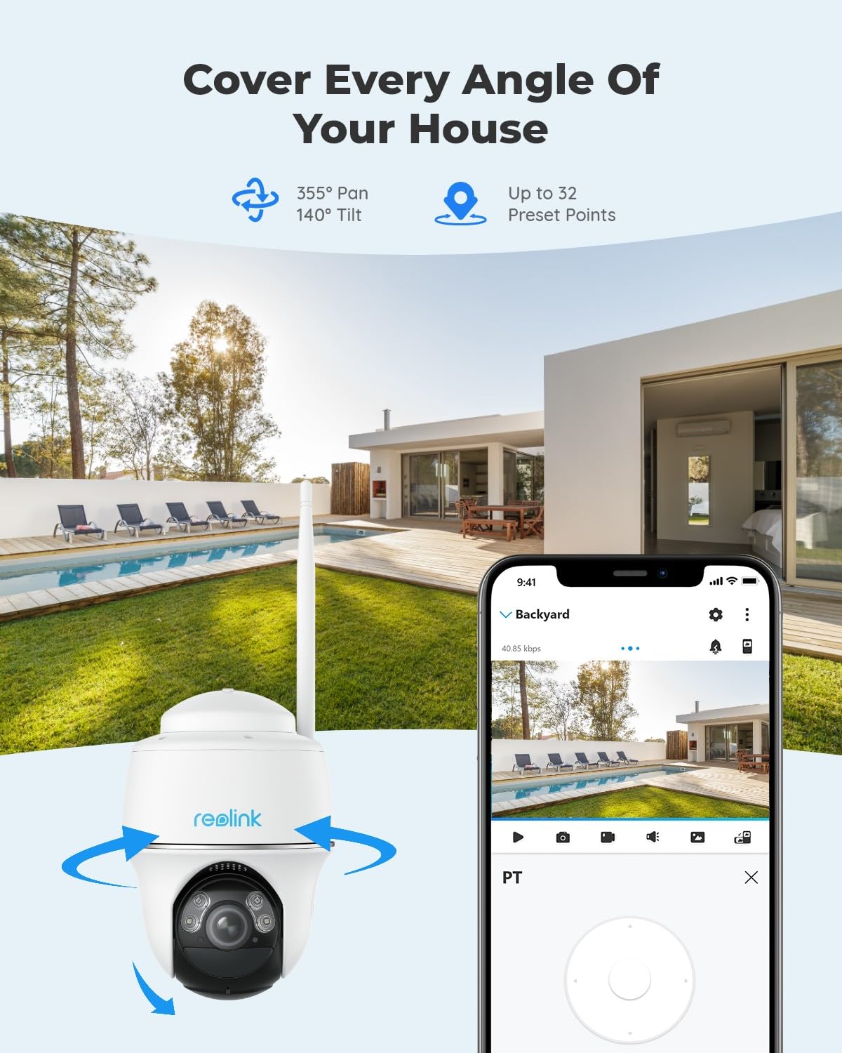 REOLINK Security Camera Wireless Outdoor, Pan Tilt Solar Powered with 2K Night Vision, 2.4/5 GHz Wi-Fi, 2-Way Talk, Works with Alexa/ Google Assistant for Home Surveillance, Argus PT w/ Solar Panel