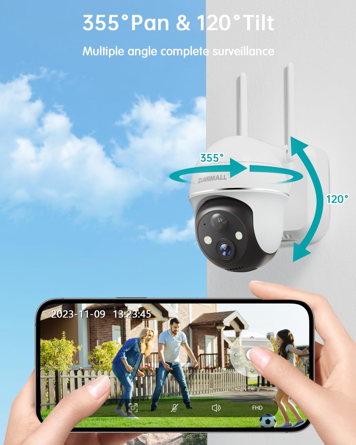 2K Security Camera Outdoor Wireless WiFi with 360° PTZ, ZUMIMALL Battery Powered Wireless Cameras for Home Surveillance, Spotlight & Siren/PIR Detection/3MP Color Night Vision/2-Way Talk/IP66/Cloud/SD