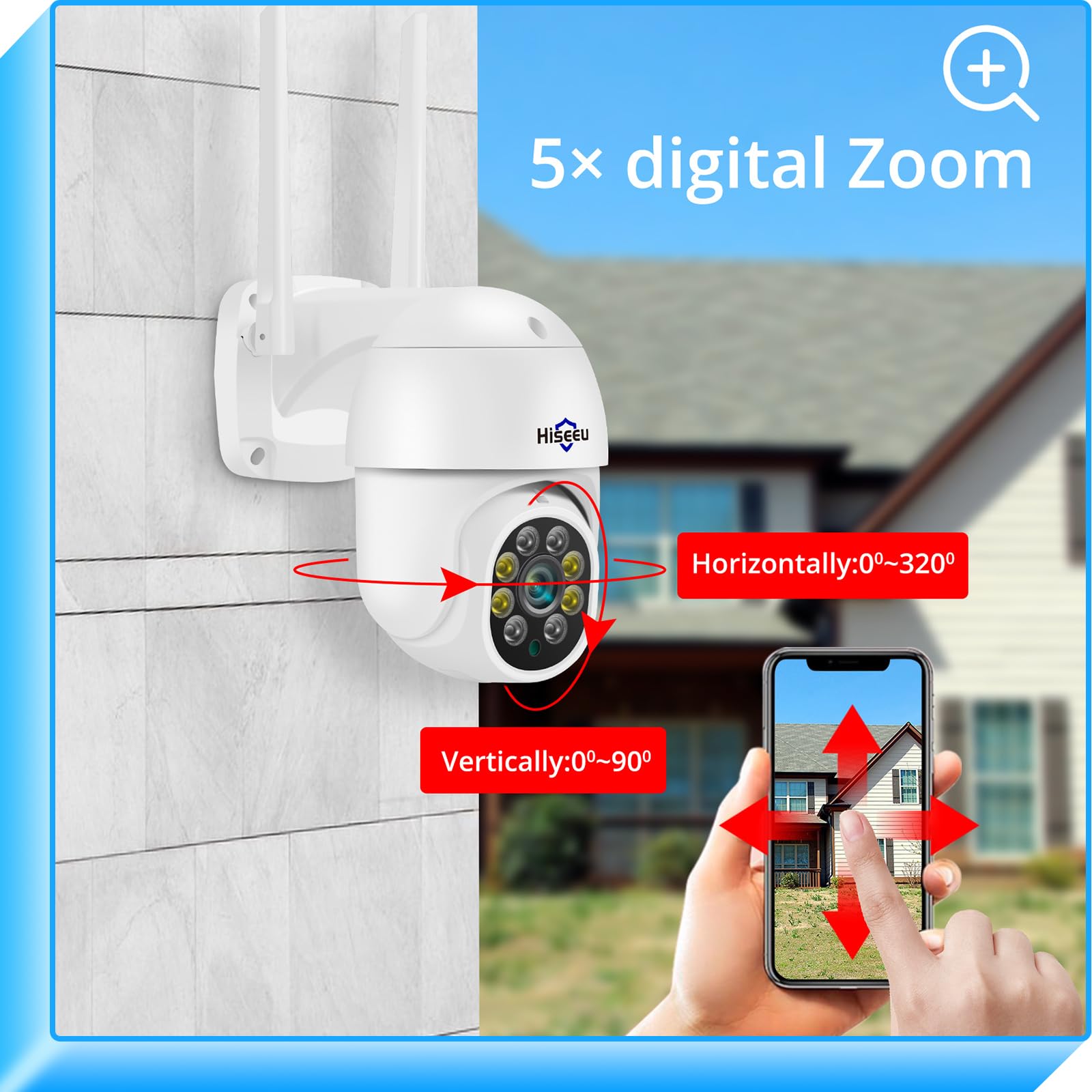 Hiseeu 2K 3MP PTZ Security Camera Outdoor,WiFi Camera, Auto Tracking&Light Alarm Floodlight & Color Night Vision,360° View,Two-Way Audio, Motion Detection,Compatible Wireless Camera System