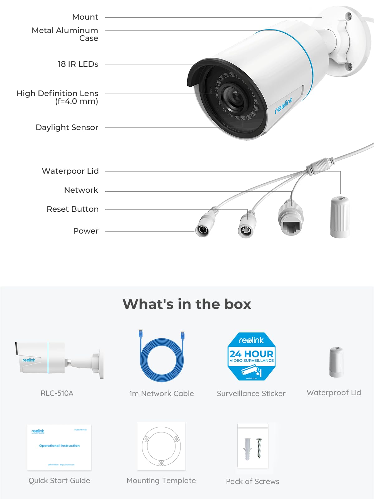 REOLINK Security IP Camera Outdoor, 5MP Home Surveillance Outdoor Indoor PoE Camera, Human/Vehicle Detection, 100Ft IR Night Vision, Work with Smart Home, Up to 256GB Micro SD Card, RLC-510A