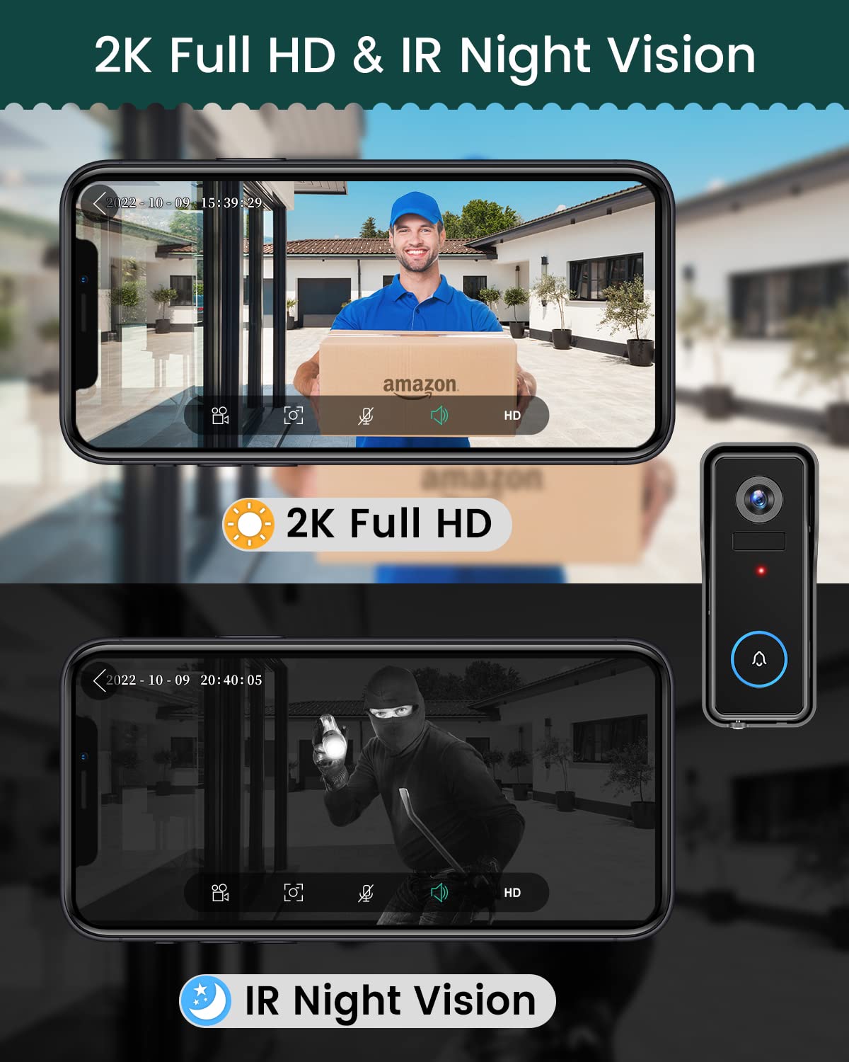 Morecam Wireless Video Doorbell Camera with Chime, Door Bell Ringer Wireless with Camera, 2K FHD, Motion Detector, Night Vision, 2-Way Audio, Video Call, Battery Powered, No Subscription(SD Storage)