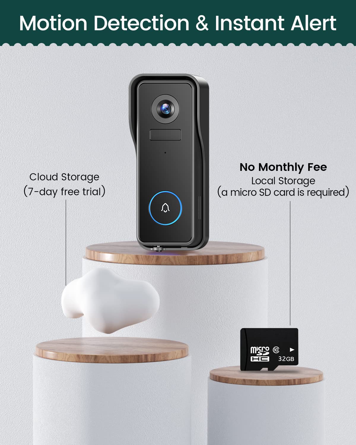 Morecam Wireless Video Doorbell Camera with Chime, Door Bell Ringer Wireless with Camera, 2K FHD, Motion Detector, Night Vision, 2-Way Audio, Video Call, Battery Powered, No Subscription(SD Storage)