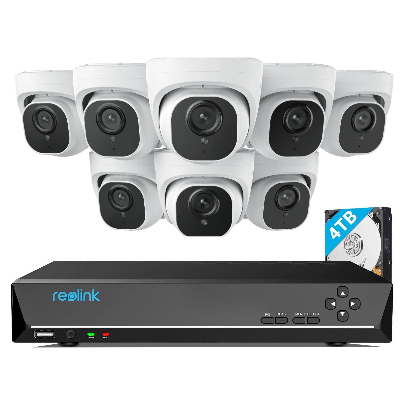 REOLINK 4K Security Camera System, RLK16-800D8, 8pcs H.265 4K PoE Security Cameras Wired with Person Vehicle Detection, 8MP/4K 16CH NVR with 4TB HDD for 24-7 Recording