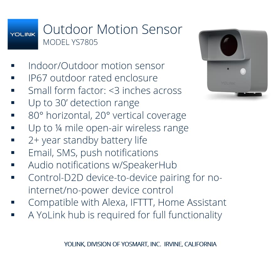 YoLink Smart Outdoor Motion Detector, Trespassing Alarm, Driveway Alert, 1/4 Mile Range LoRa-Powered Wireless Motion Sensor, App for Remote Monitoring & Alerts, Alexa, IFTTT. Hub Required!