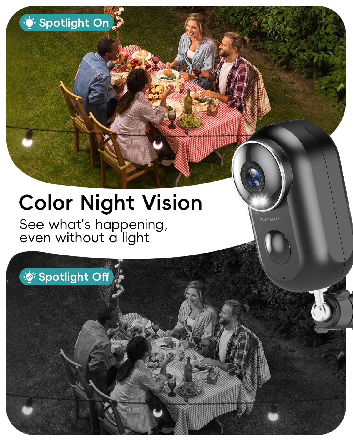 ZUMIMALL Outdoor Security Cameras, 2K FHD Battery Powered Wireless Indoor Surveillance Camera with Siren, Night Vision, PIR Motion Detection, Free Cloud Storage, IP66 Waterproof, 2.4G WiFi (No 5G)