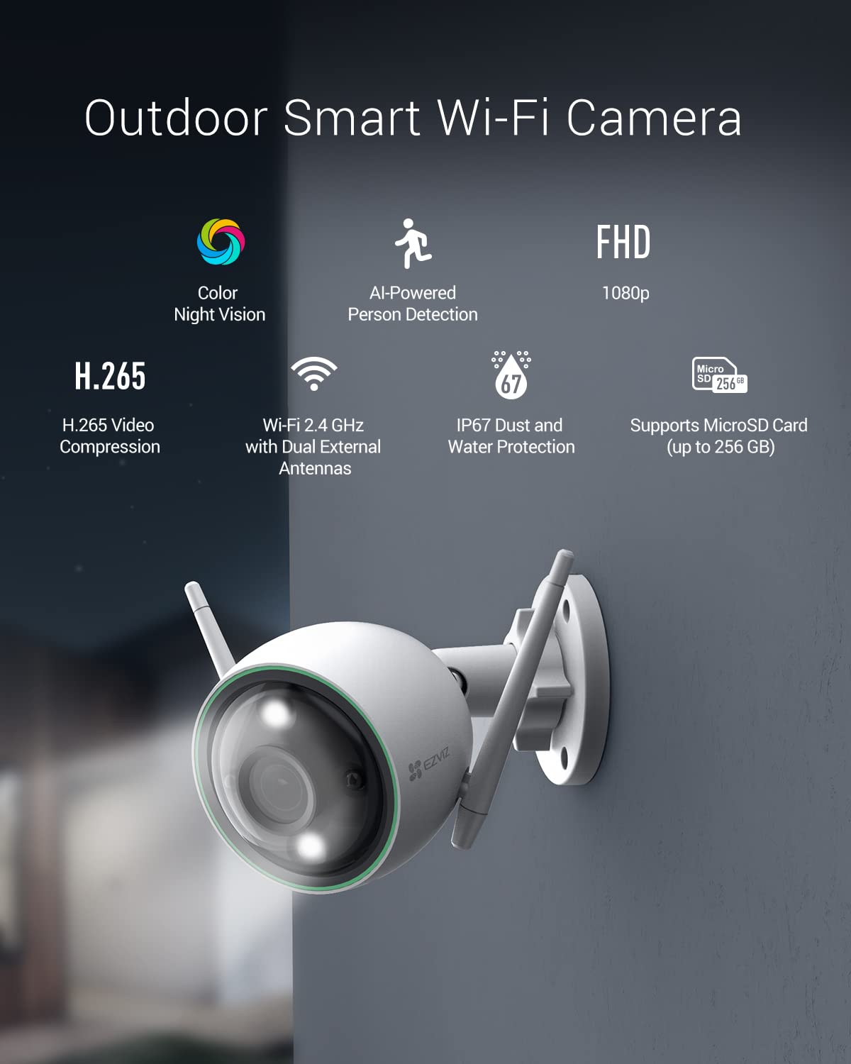 EZVIZ Outdoor Security Camera Color Night Vision, 1080P AI-Powered Person Detection, H.265, IP67 Waterproof, Customizable Detection Zones, 2.4GHz WiFi Supports MicroSD Card up to 256GB(C3N)