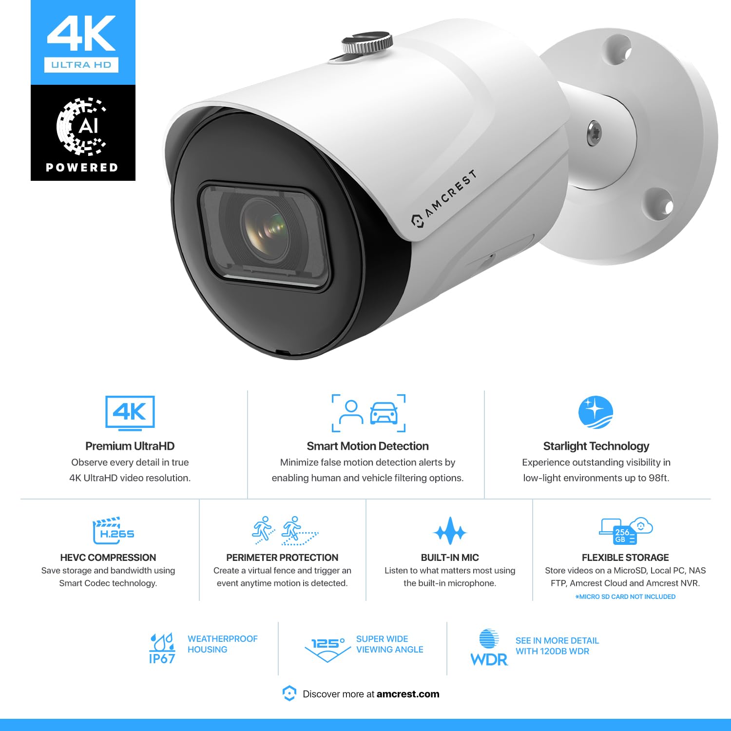 Amcrest UltraHD 4K (8MP) Outdoor Bullet POE IP Camera, 3840x2160, 98ft NightVision, 2.8mm Lens, IP67 Weatherproof, MicroSD Recording, White (IP8M-2496EW-V2)