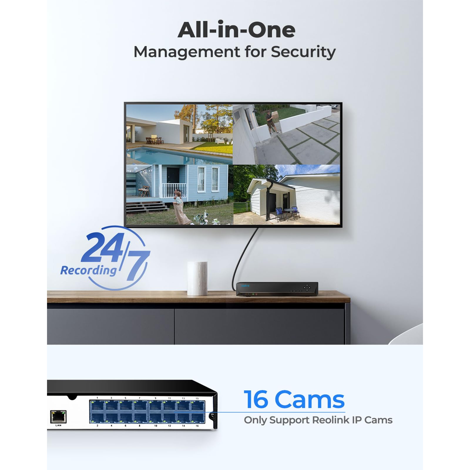 REOLINK 4K 16 Channel Network Video Recorder for Security Camera System, Work With 4K/5MP/4MP HD Reolink IP Cameras PoE NVR, 24/7 Recording to Pre-Installed 4TB Hard Drive, RLN16-410-4TB