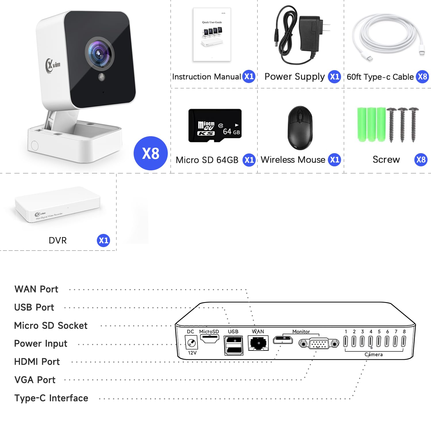XVIM 8CH 1080P Wired Security Camera System with 1TB Hard Drive, 8pcs HD Outdoor Home Surveillance Cameras Night Vision Remote Access Motion Alert
