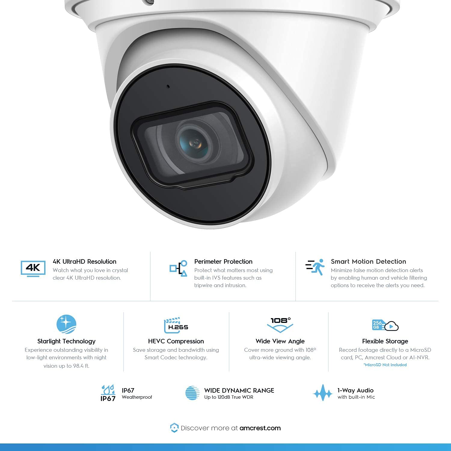 Amcrest 4K POE Camera AI Human/Vehicle Detection, UltraHD 8MP Outdoor Security Turret POE IP Camera, 3840x2160, Wide Angle, IP67 Weatherproof, MicroSD, Built in Mic, White (IP8M-T2669EW-AI)