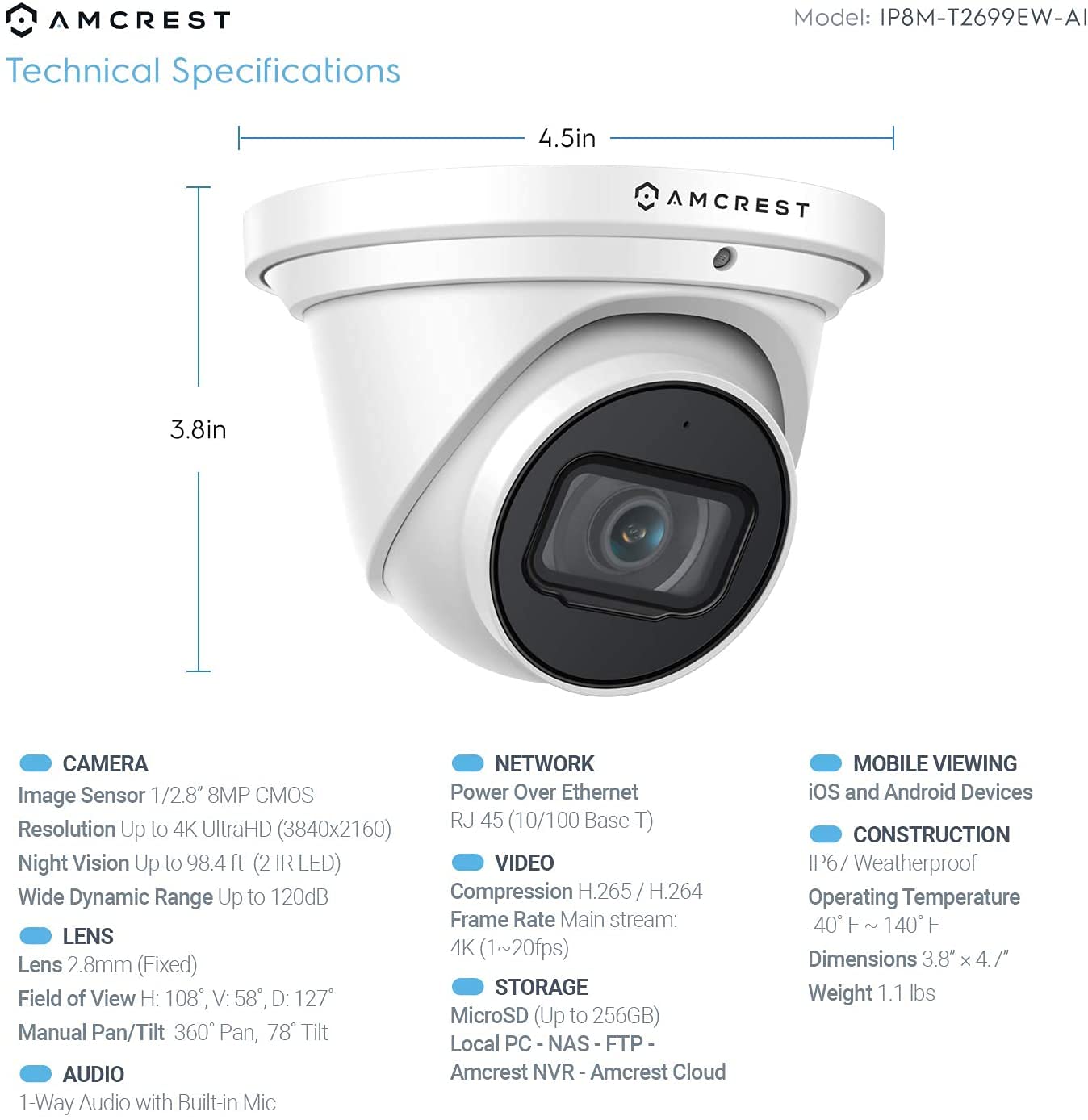 Amcrest 4K POE Camera AI Human/Vehicle Detection, UltraHD 8MP Outdoor Security Turret POE IP Camera, 3840x2160, Wide Angle, IP67 Weatherproof, MicroSD, Built in Mic, White (IP8M-T2669EW-AI)