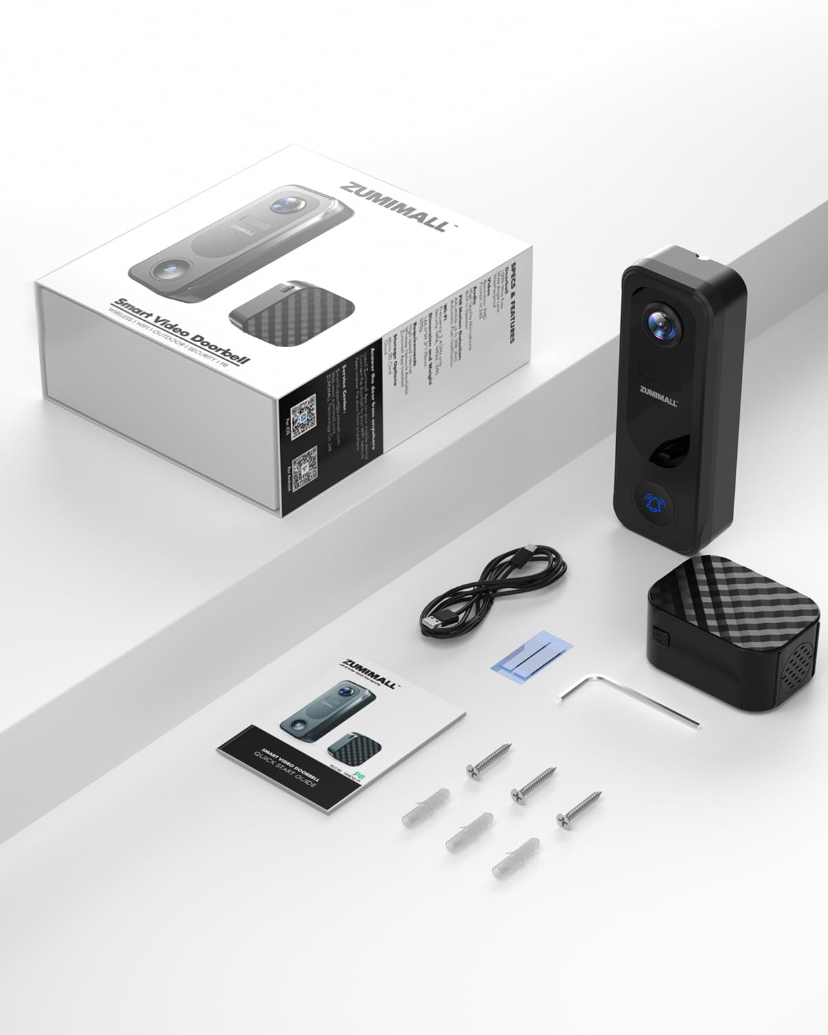 ZUMIMALL 2K FHD Doorbell Camera Wireless, WiFi Video Doorbell Camera with Chime, IP66 Waterproof, Motion Detection, Night Vision, 2-Way Audio, Local & Cloud Storage, 2.4G WiFi, 30s Voice Message
