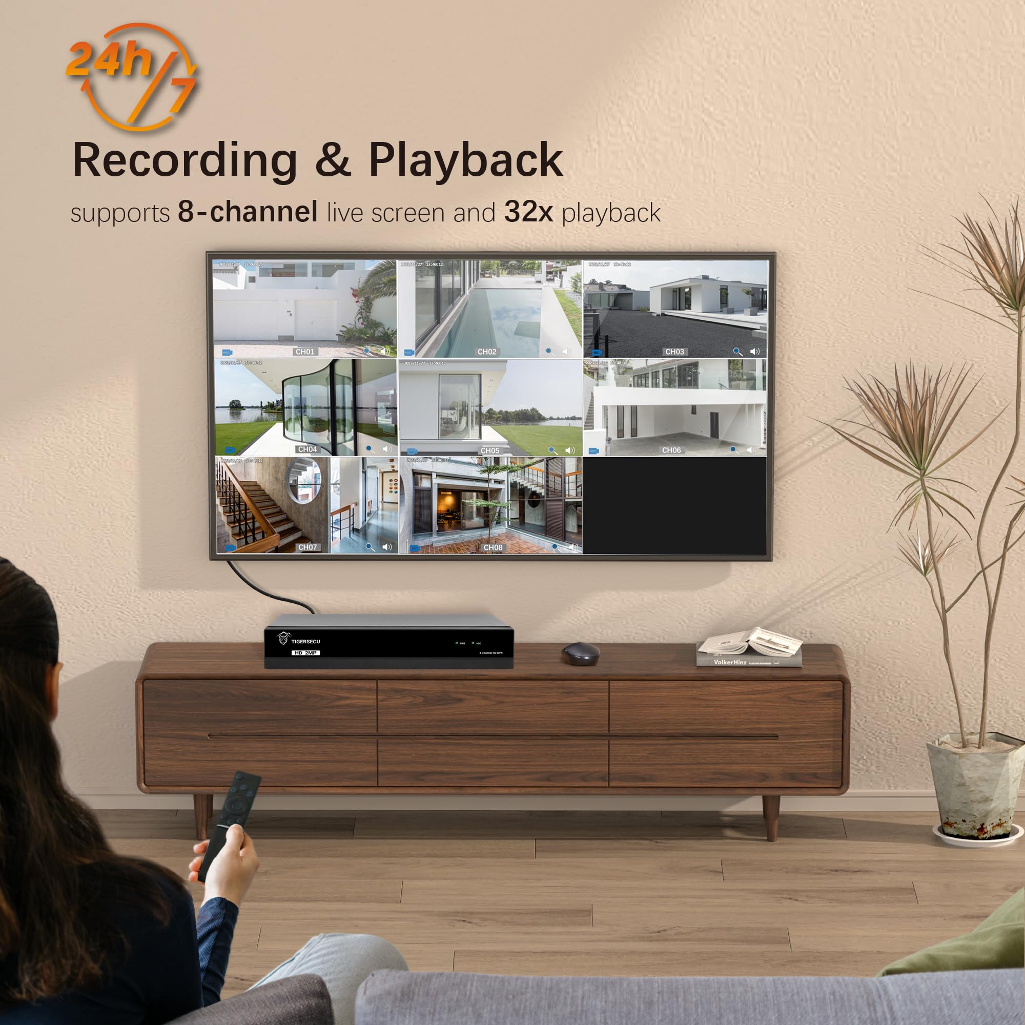 TIGERSECU Super HD 1080P 8-Channel Hybrid 4-in-1 DVR Security Recorder with 1TB Hard Drive, for 2MP TVI/AHD/CVI/Analog Cameras (Cameras Not Included)