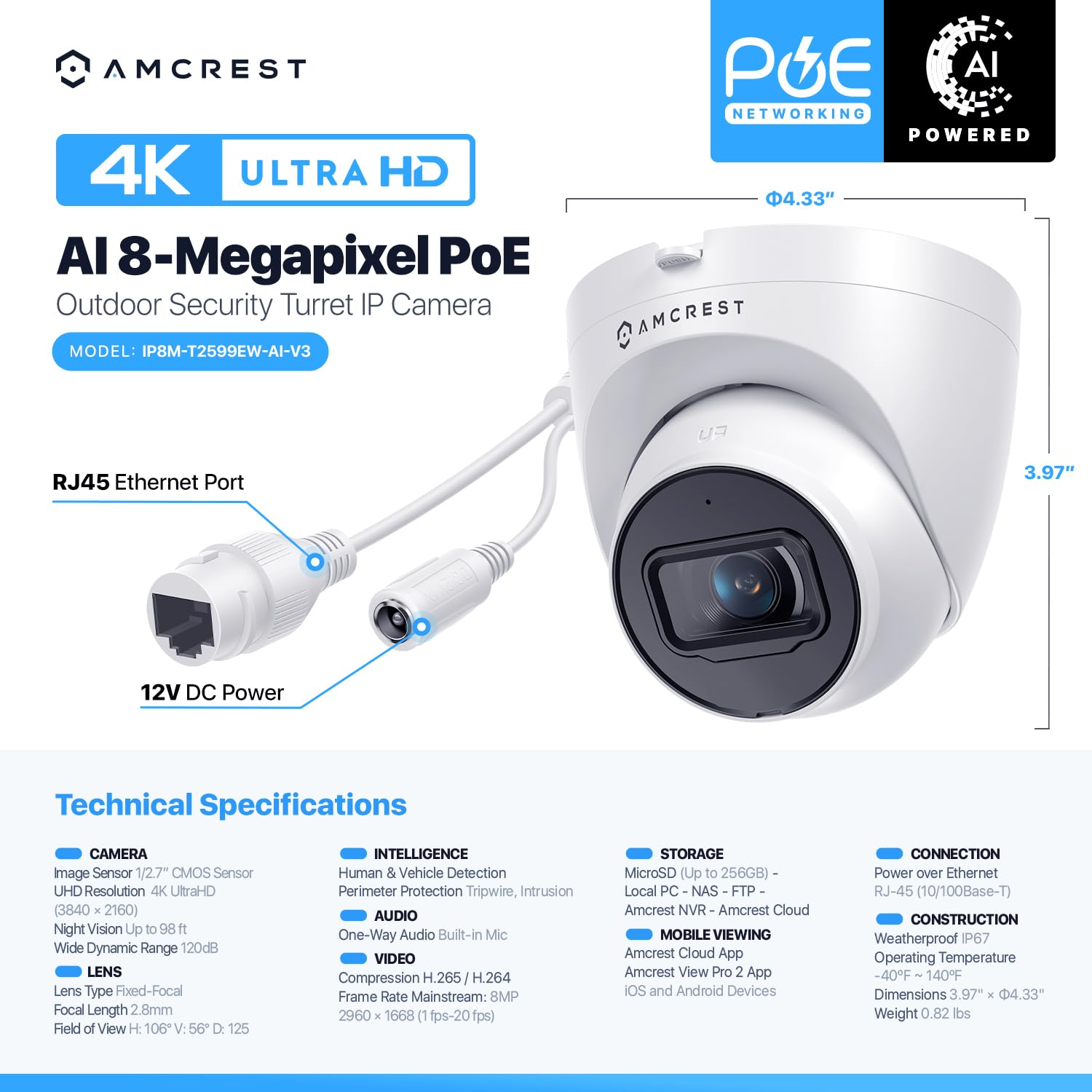 Amcrest UltraHD 4K (8MP) Outdoor Security IP Turret PoE Camera, 3840x2160, 98ft NightVision, 2.8mm Lens, IP67 Weatherproof, MicroSD Recording (256GB), White