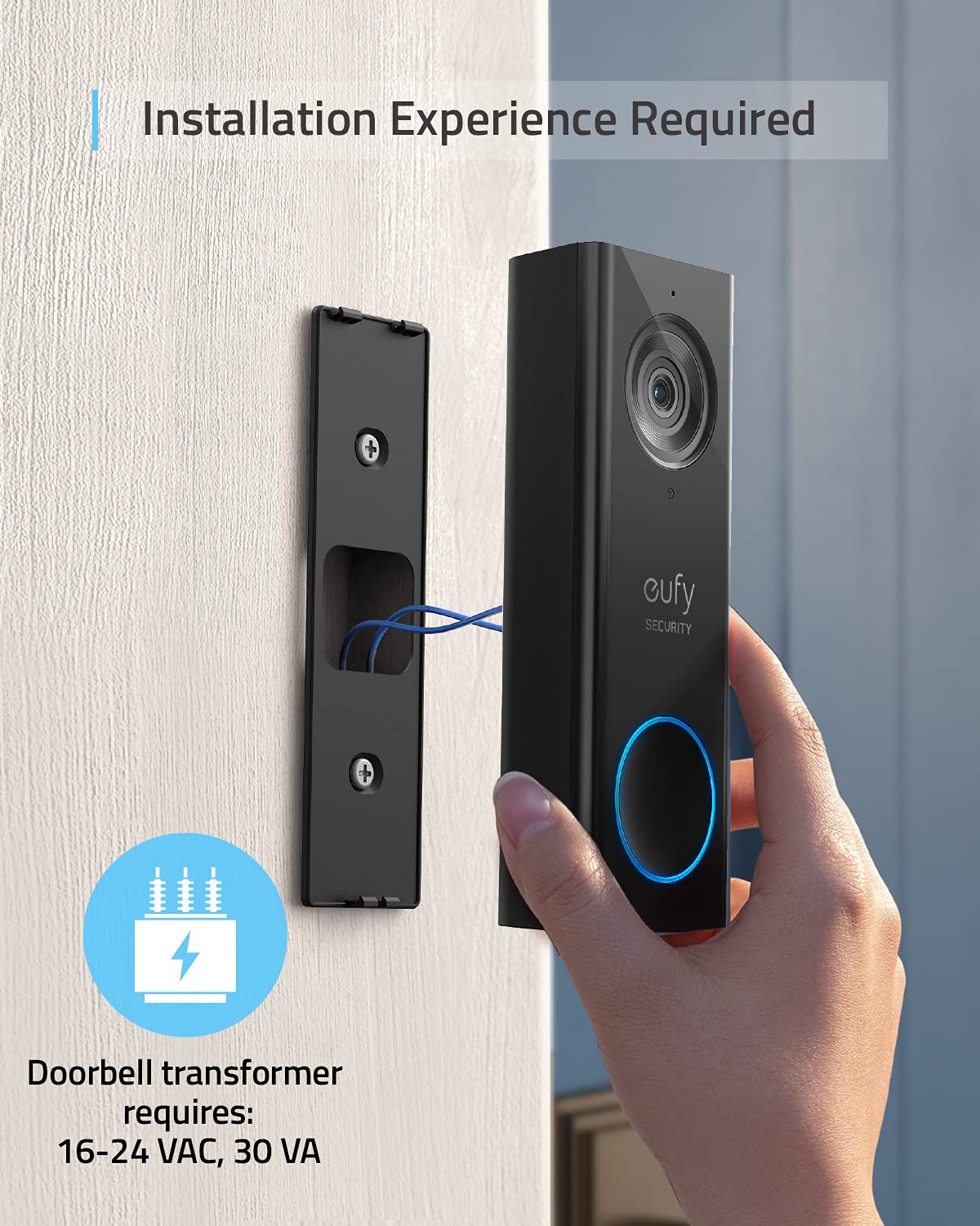 eufy Security, Wi-Fi Video Doorbell, 2K Resolution, No Monthly Fees, Local Storage, Human Detection, with Wi-Fi Chime–Requires Existing Doorbell Wires and Installation Experience, 16-24 VAC, 30 VA