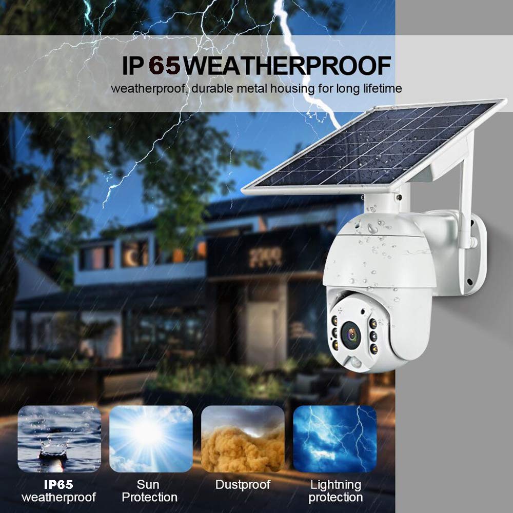 100% Wire-Free Wireless Rechargeable Battery Solar Powered Outdoor 1080P Pan Tilt WiFi Security Camera PIR Motion Recording Two-Way Audio IP65 Weatherproof Night Vision Built-in SD Slot