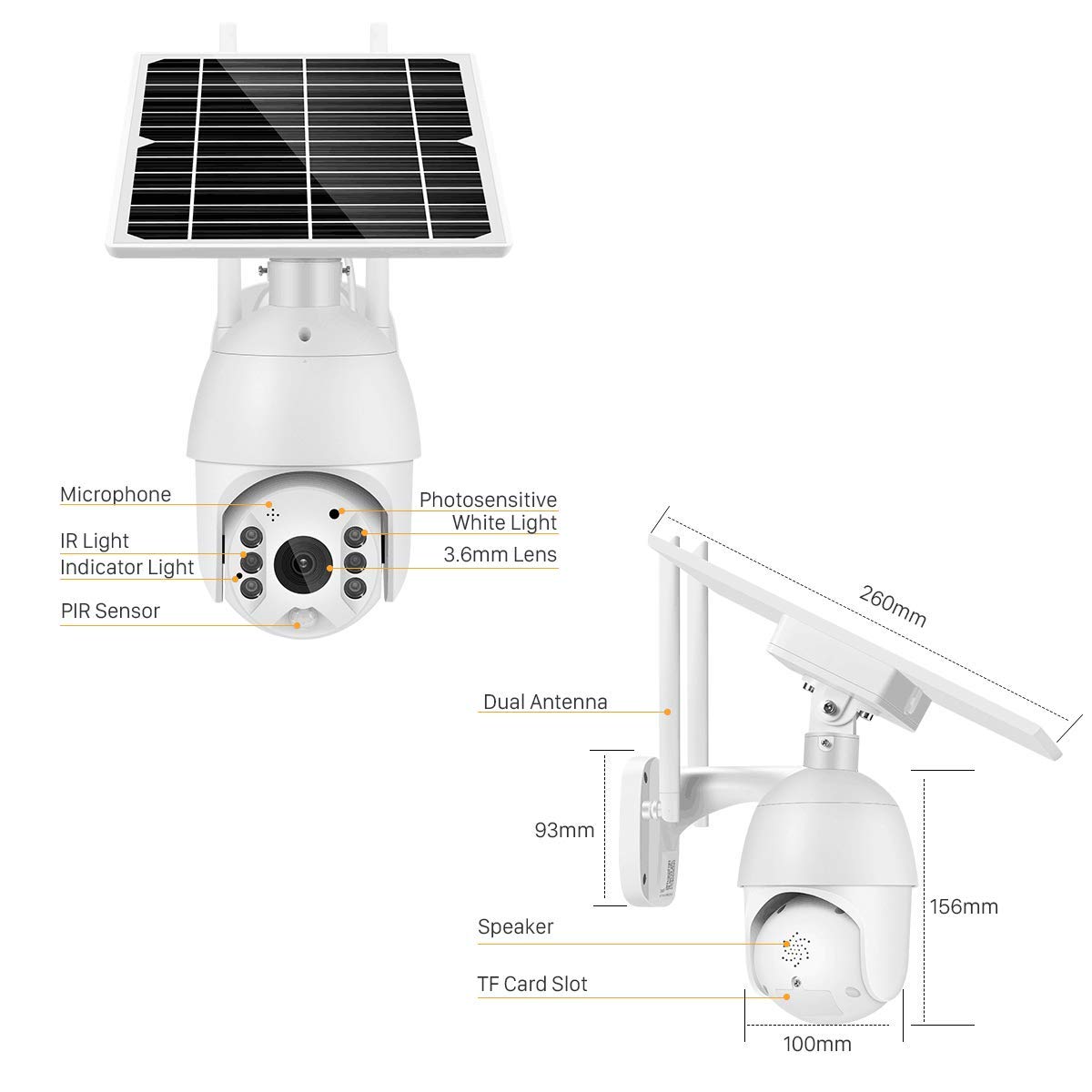 100% Wire-Free Wireless Rechargeable Battery Solar Powered Outdoor 1080P Pan Tilt WiFi Security Camera PIR Motion Recording Two-Way Audio IP65 Weatherproof Night Vision Built-in SD Slot