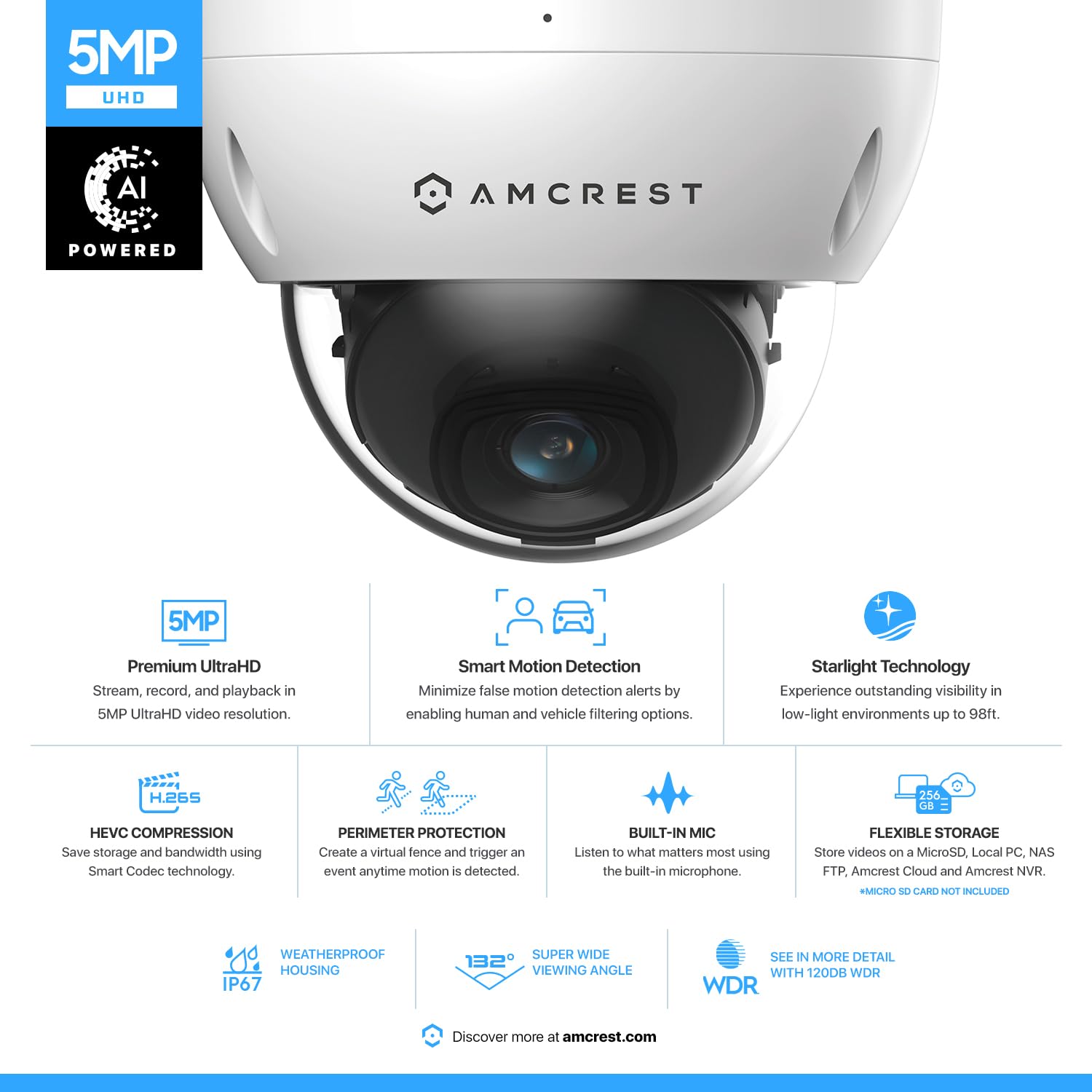 Amcrest 5MP POE Camera, Outdoor Vandal Dome Security POE IP Camera, 5-Megapixel, 98ft NightVision, 2.8mm Lens, IP67, IK10 Resistance, MicroSD 256GB (Sold Separately), Cloud, NVR (IP5M-D1188EW-28MM)