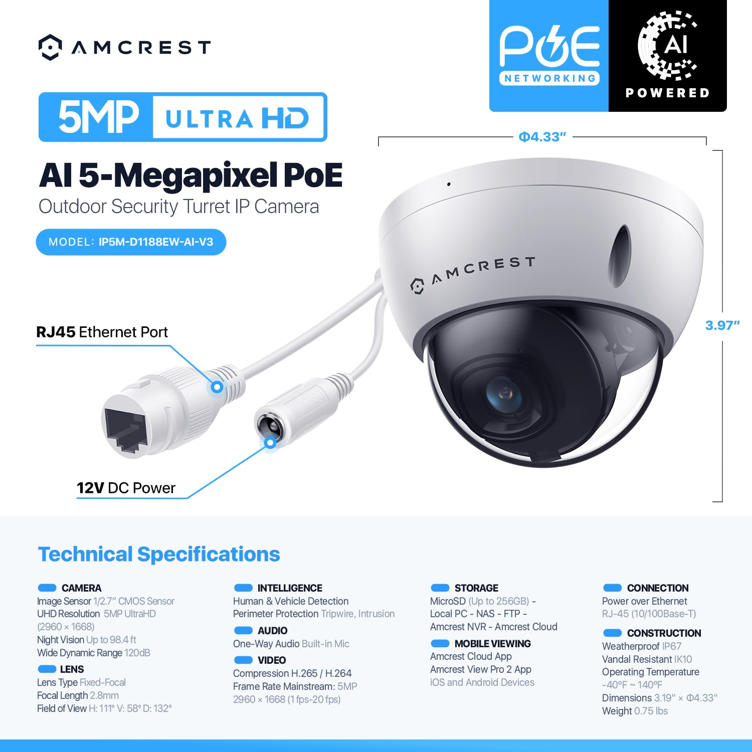 Amcrest 5MP POE Camera, Outdoor Vandal Dome Security POE IP Camera, 5-Megapixel, 98ft NightVision, 2.8mm Lens, IP67, IK10 Resistance, MicroSD 256GB (Sold Separately), Cloud, NVR (IP5M-D1188EW-28MM)