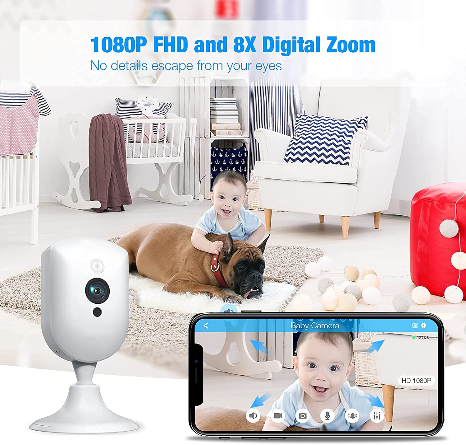 Ebitcam Baby Monitor with Camera and Audio, 1080P Indoor Pet Camera with Sound/Motion Detect, Night Vision, Two Way Talk, WiFi Connect and Compatible with Alexa Indoor Cam for Home Security Camera