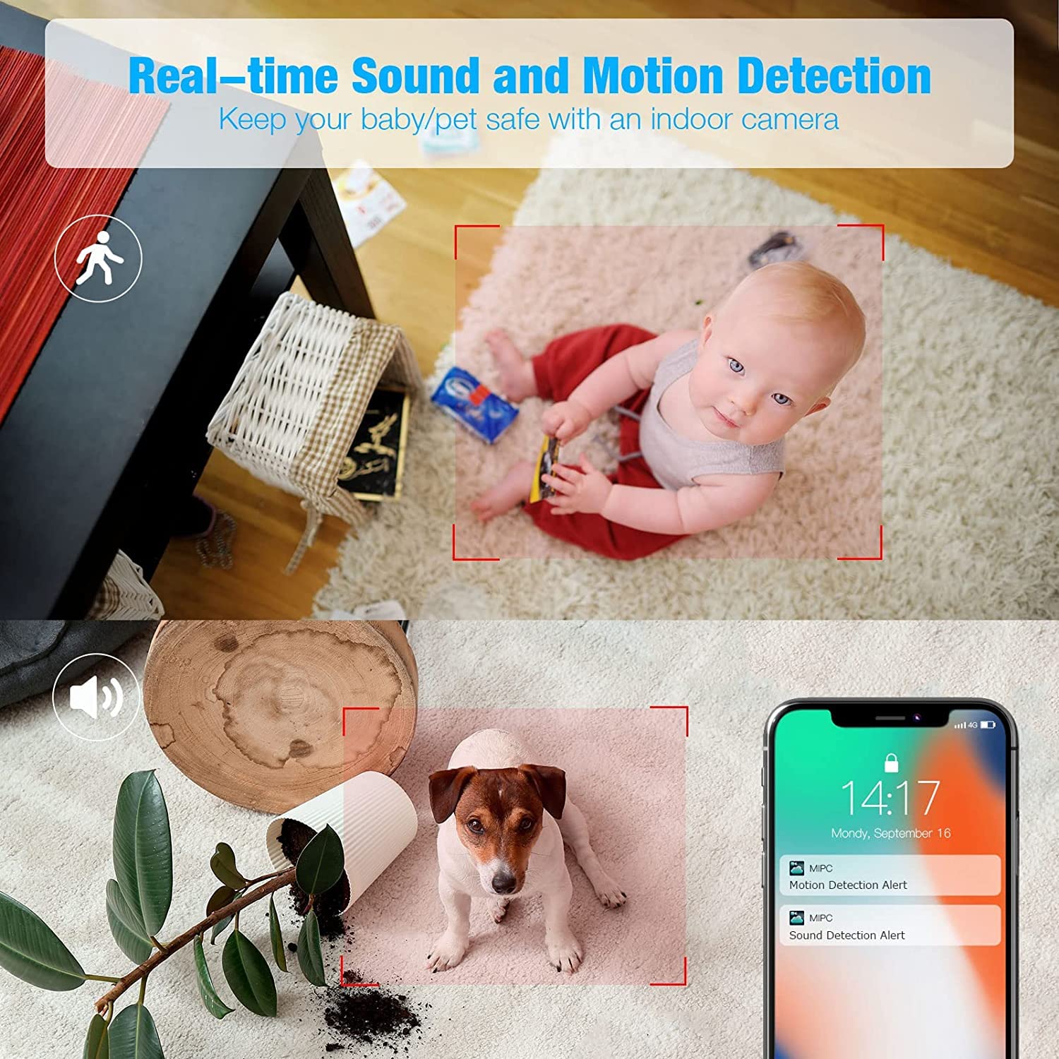 Ebitcam Baby Monitor with Camera and Audio, 1080P Indoor Pet Camera with Sound/Motion Detect, Night Vision, Two Way Talk, WiFi Connect and Compatible with Alexa Indoor Cam for Home Security Camera