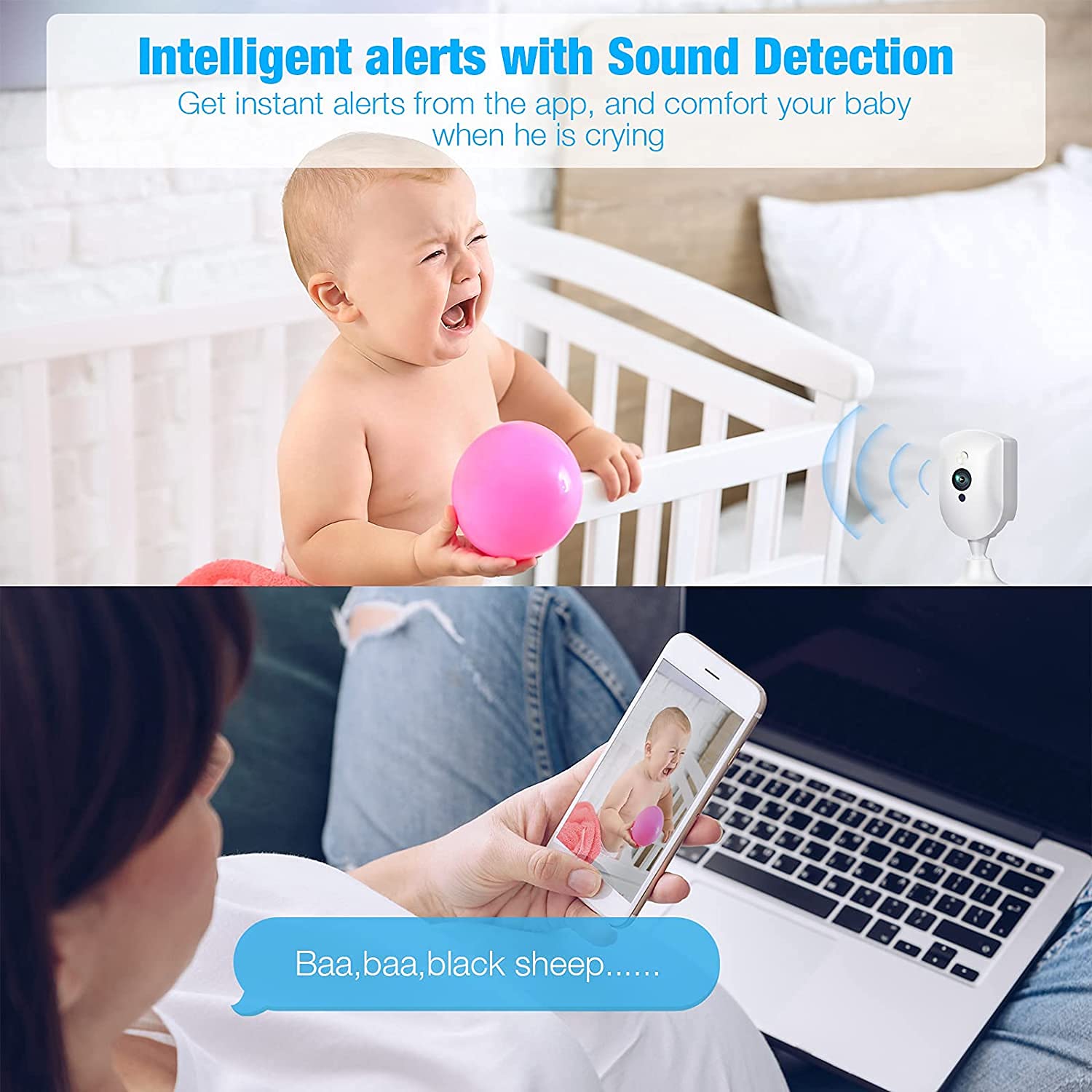 Ebitcam Baby Monitor with Camera and Audio, 1080P Indoor Pet Camera with Sound/Motion Detect, Night Vision, Two Way Talk, WiFi Connect and Compatible with Alexa Indoor Cam for Home Security Camera