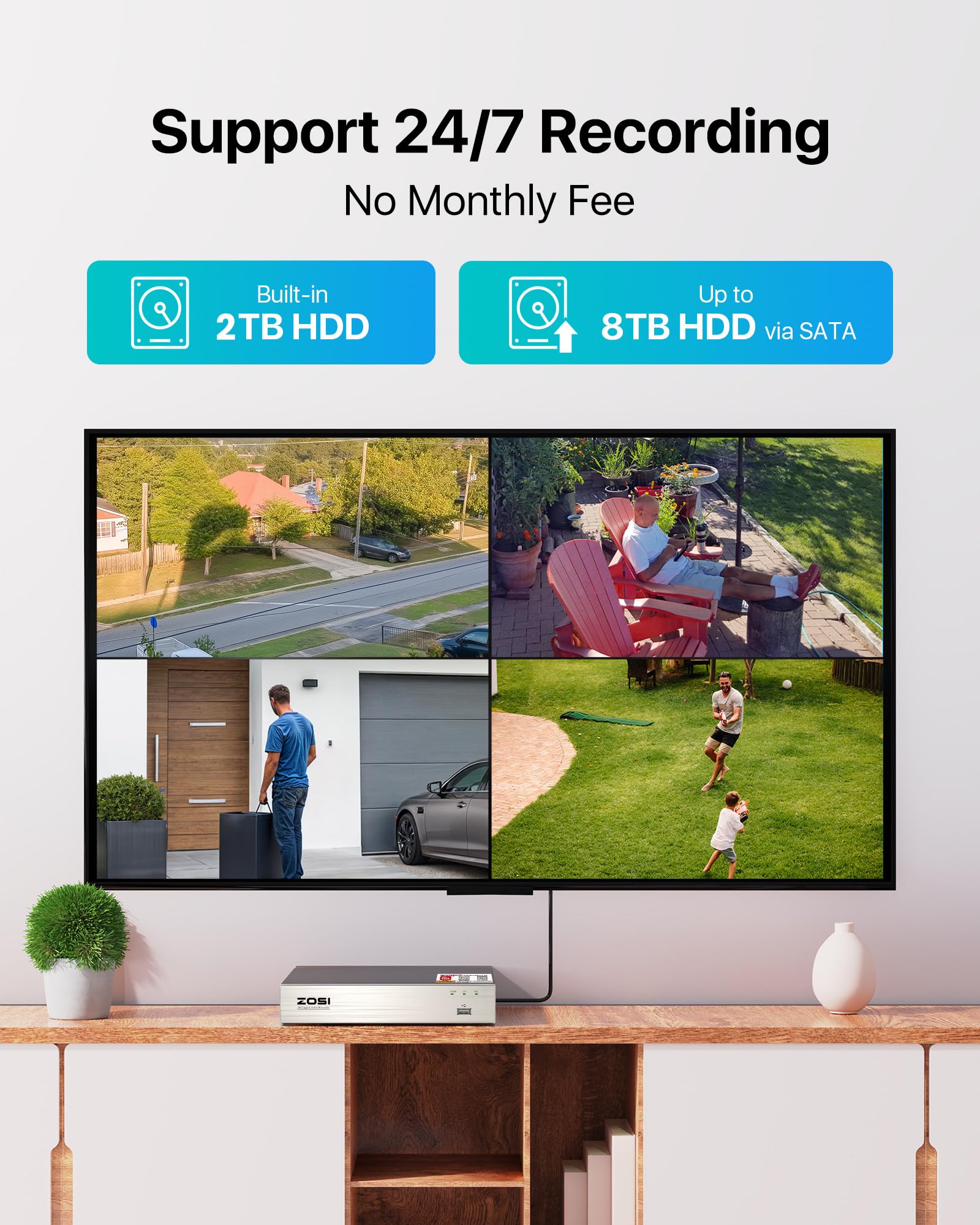 ZOSI H.265+ 8CH 5MP Lite 4-in-1 Surveillance DVR Recorders with Hard Drive 2TB for HD-TVI, CVI, CVBS, AHD 960H/720P/1080P/5MP CCTV Security Cameras System, Motion Detection, Remote Viewing,Alert Push