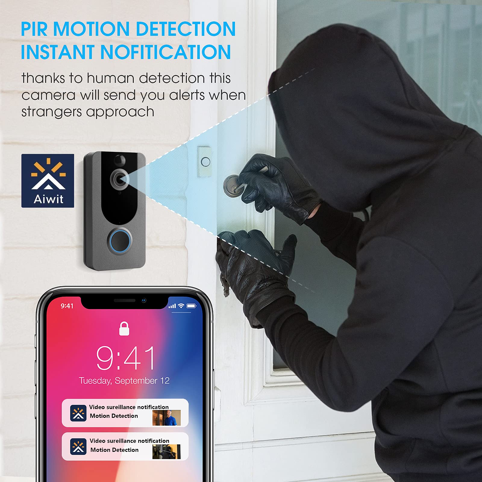 Wireless Video Doorbell Camera, WiFi Doorbell Camera IP65 Outdoor Waterproof 1080P HD WiFi Night Vision Sports Storage Free Cloud Storage for iOS & Android
