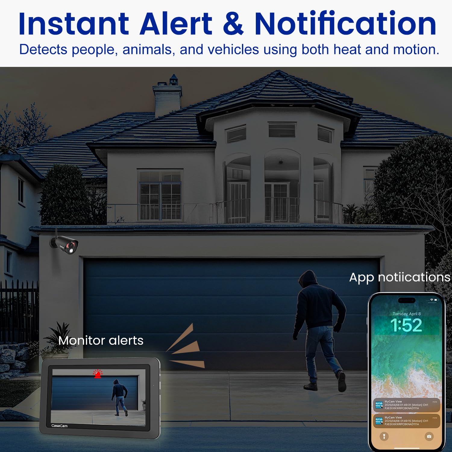 CasaCam VS802 Wireless Security Camera System with 7" Touchscreen Monitor and 2 pcs. HD Cameras, Two-Way Audio, Free APP, SD Card and Battery Installed (720p Camera, 7" Monitor)